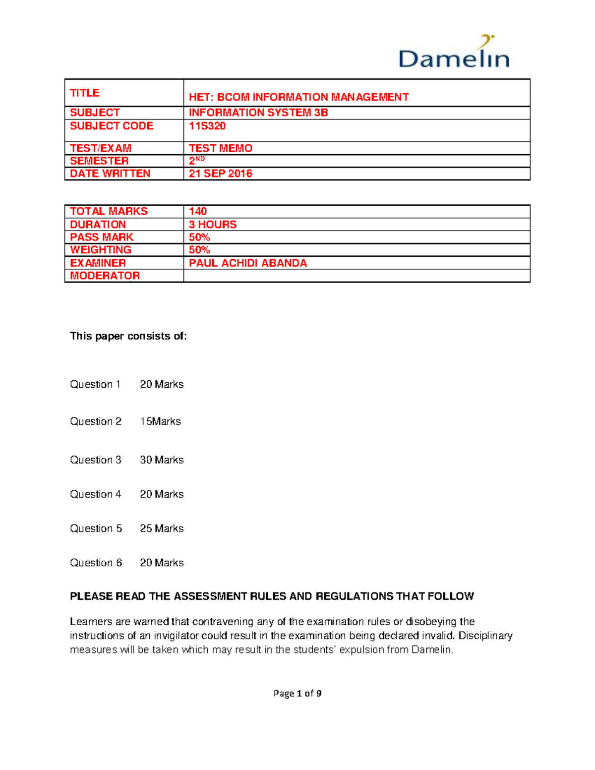 Test Memo 3B 2016 - TITLE HET: BCOM INFORMATION MANAGEMENT SUBJECT ...