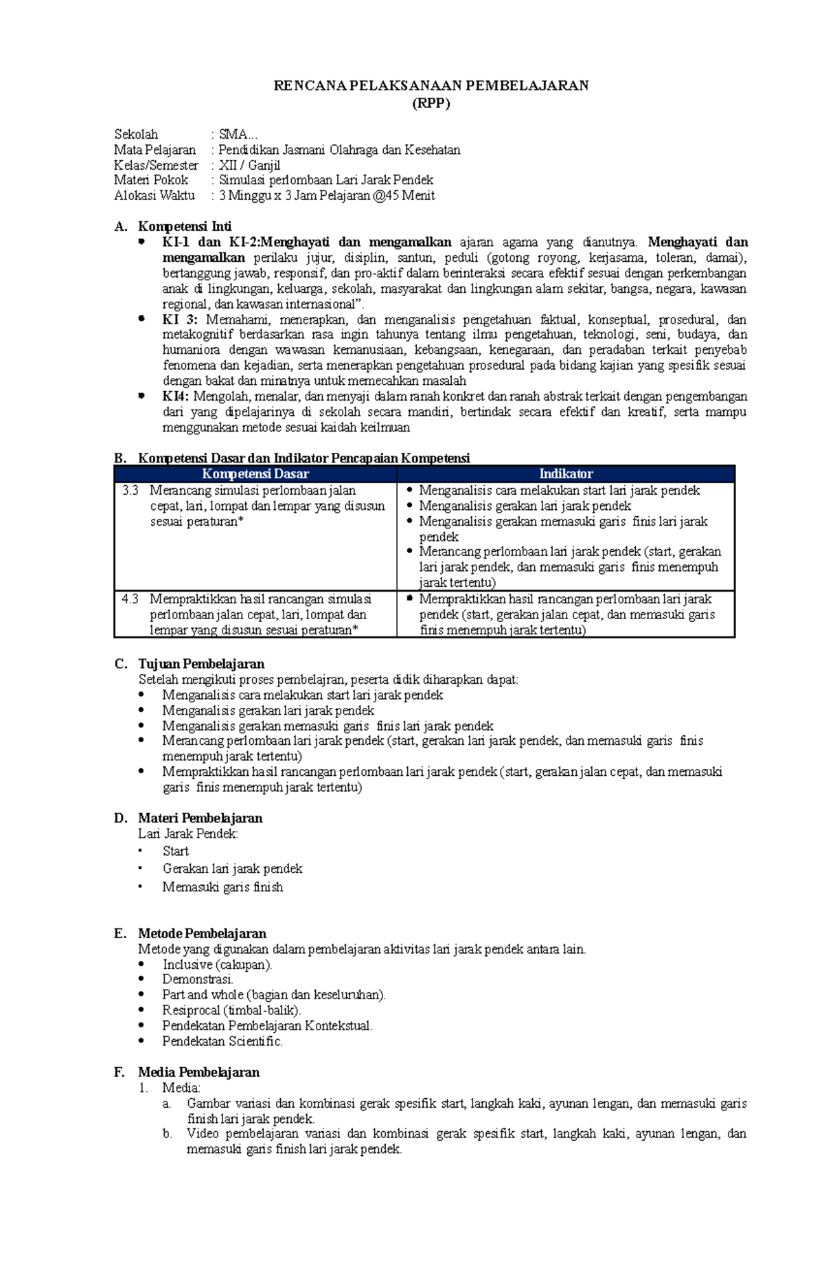12. RPP 8 - Aktivitas Pembelajaran Atletik Lari Jarak Pendek - RENCANA ...