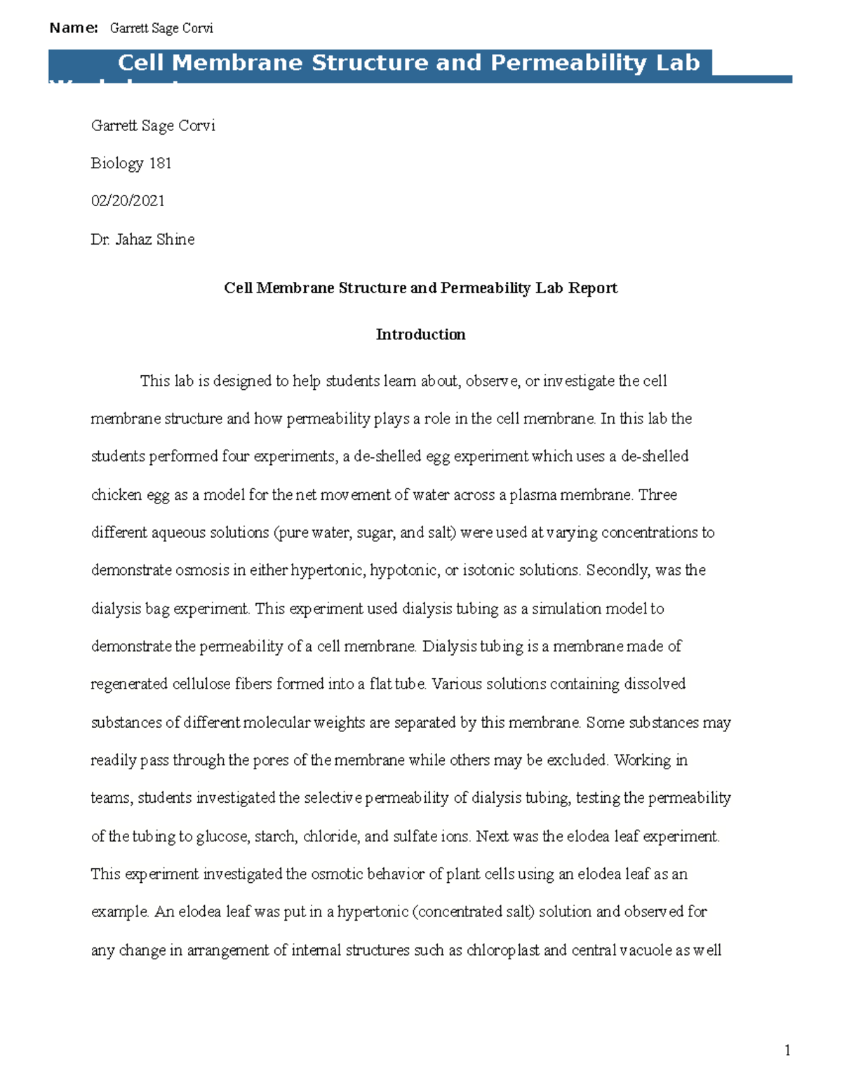 Lab Report Cell Membrane Structure and Permeability - Garrett Sage ...