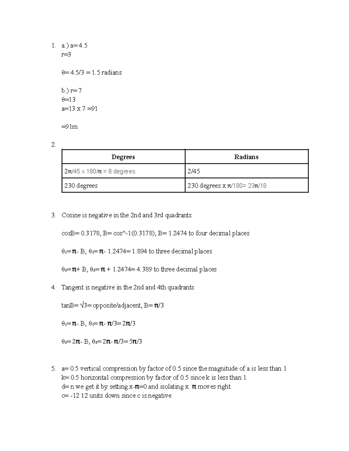 MATH Assignment Answers DEC 8TH - a.) a= 4. r= θ= 4/3 = 1 radians b.) r ...