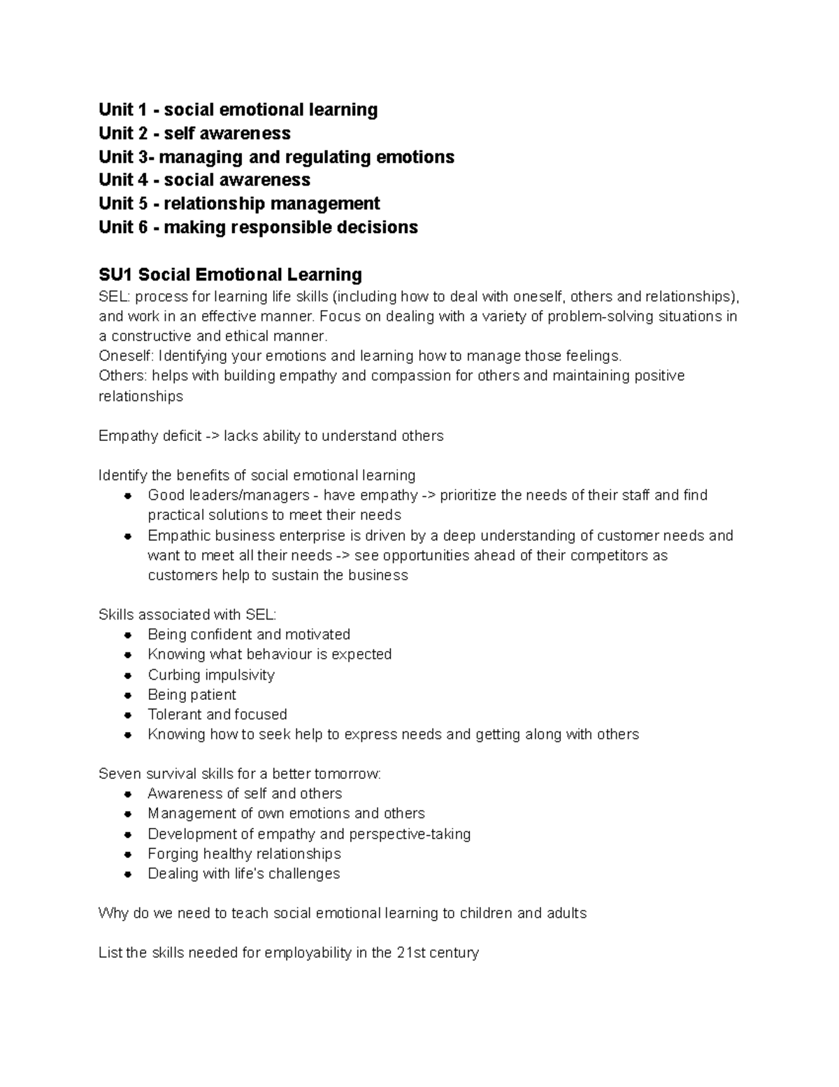 Social emotional learning exam notes - Unit 1 - social emotional ...