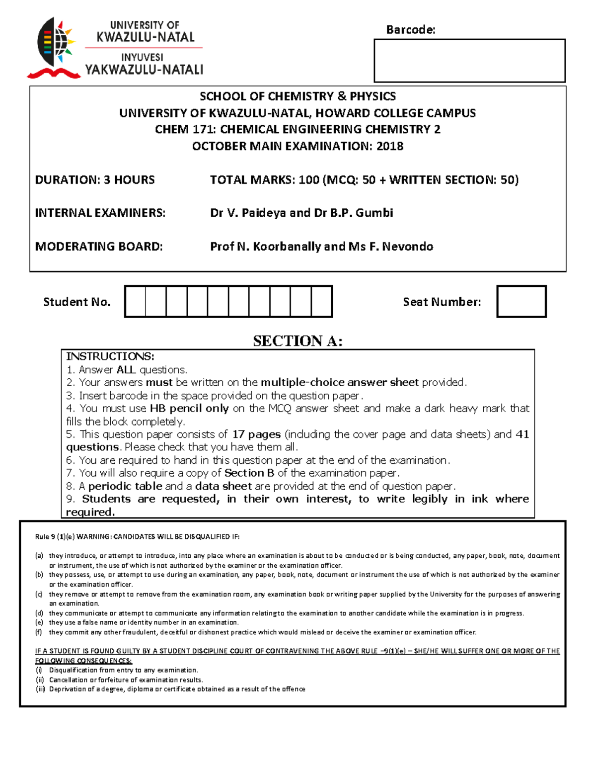 Main Exam 2018 - past exam paper - Barcode: SCHOOL OF CHEMISTRY ...