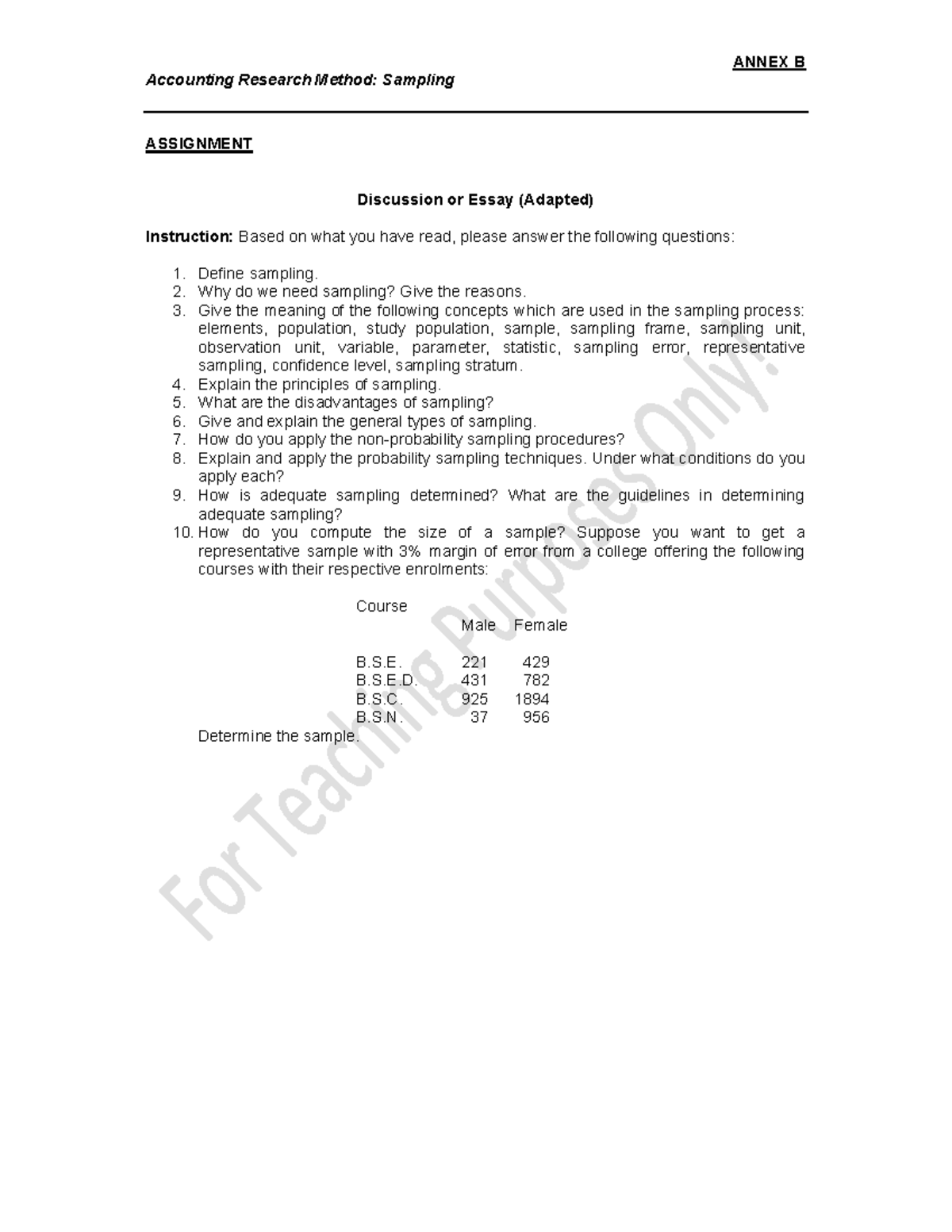 Assignment in Module 12 - Sampling - ANNEX B Accounting Research Method ...