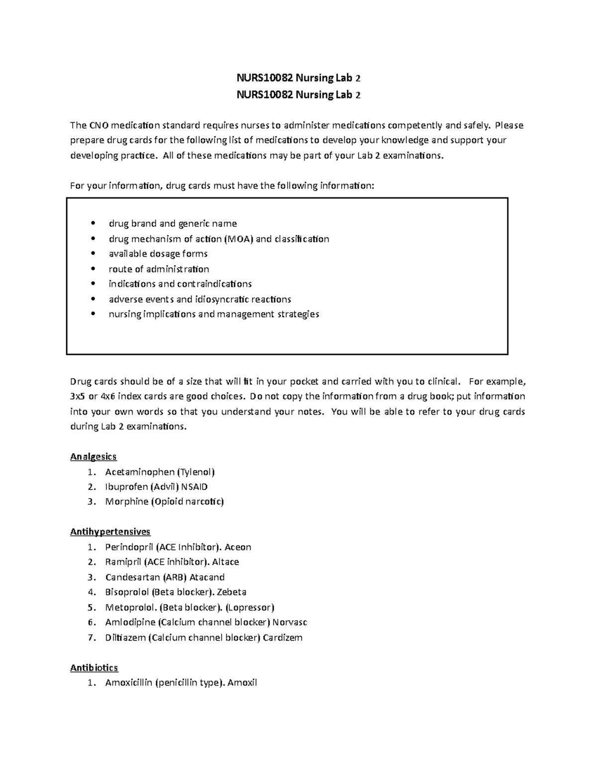 Med List Lab 2Categorized - NURS10082 Nursing Lab 2 NURS10082 Nursing ...