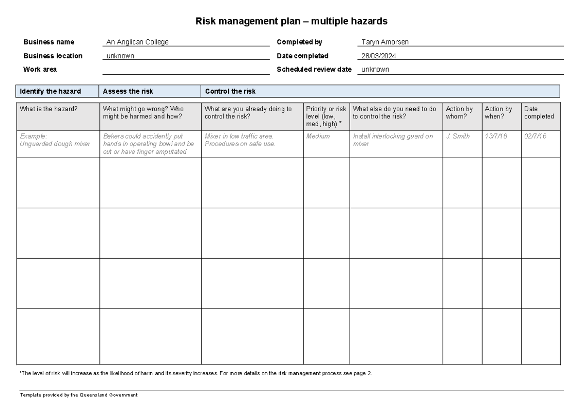 Template #1 - Work Safe Risk Management Plan (Multiple Hazards) - Risk ...