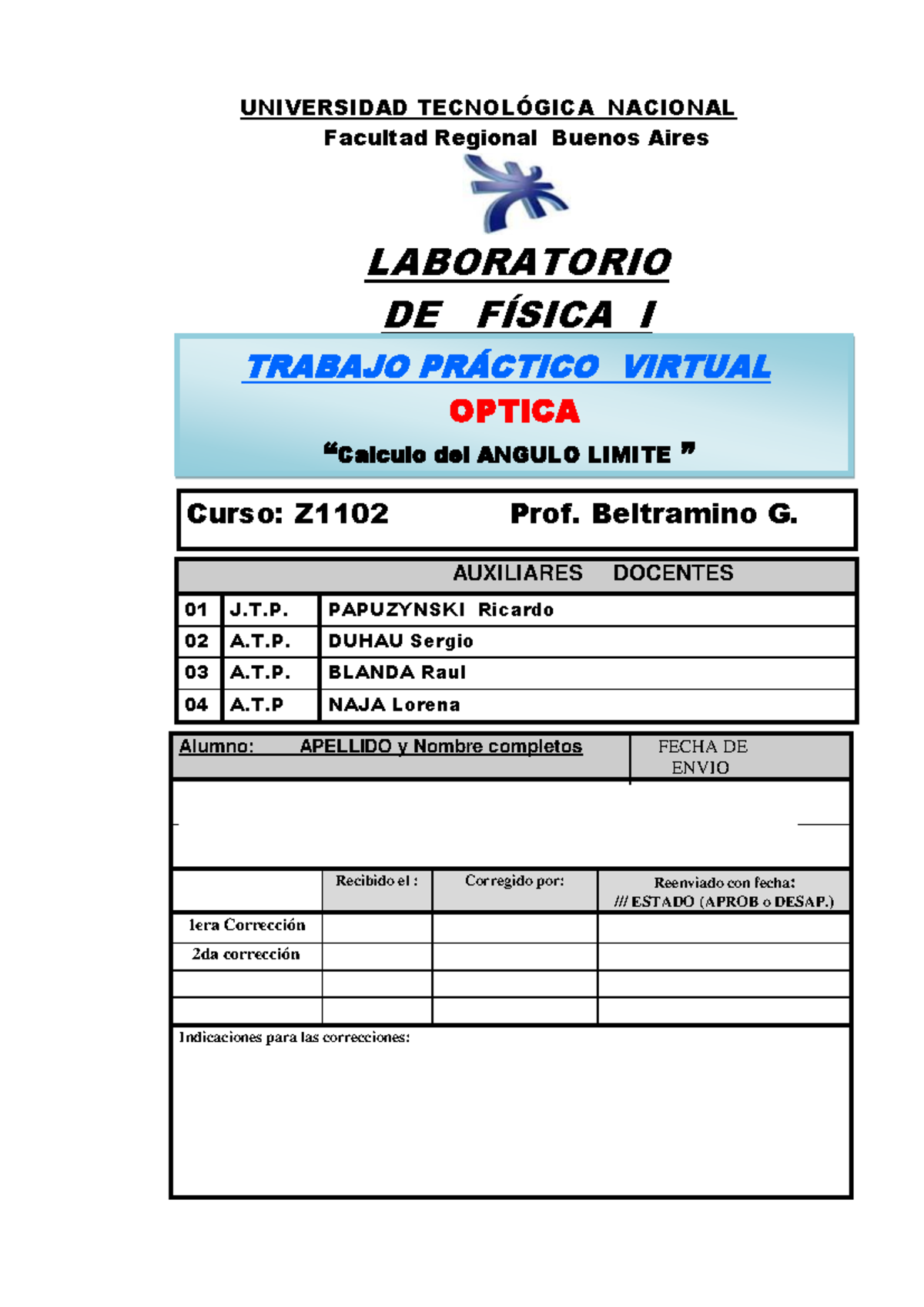TP Optica - Angulo Limite (2020) - UNIVERSIDAD TECNOLÓGICA NACIONAL ...