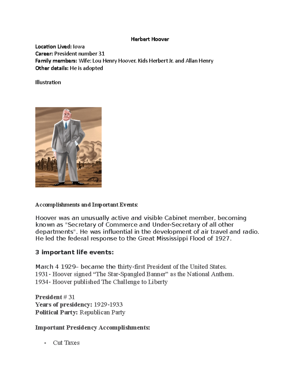 Herbert Hoover General Information - Herbert Hoover Location Lived ...