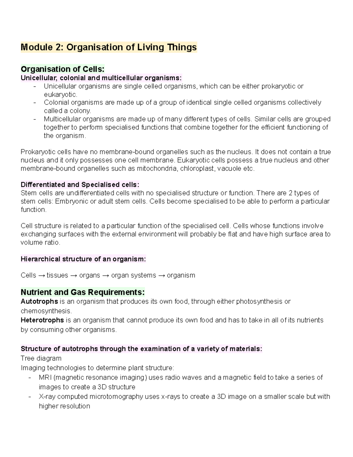 BIO - Module 2 - Module 2: Organisation of Living Things Organisation ...