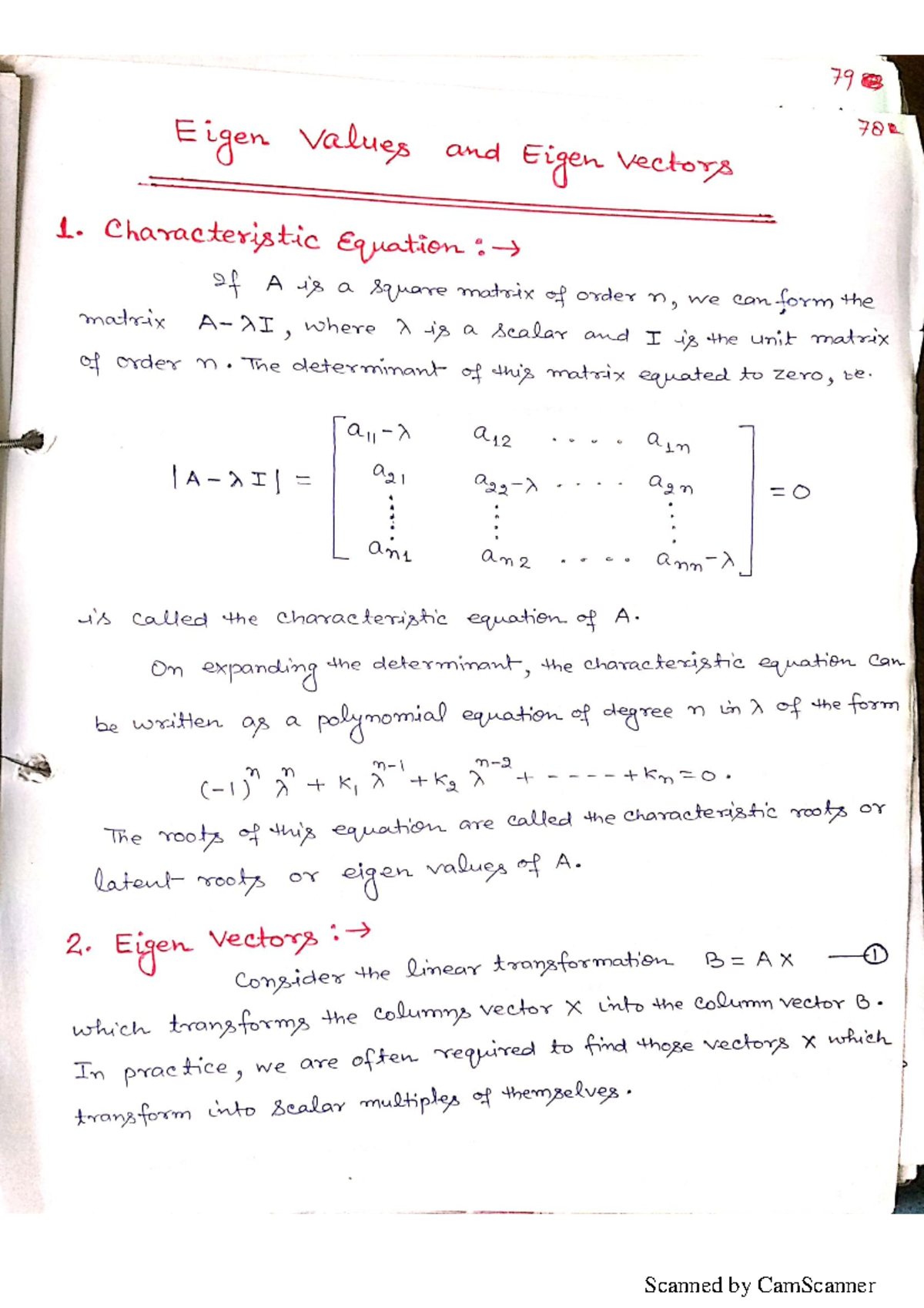 Hand Written Notes For Eigen Values And Eigen Vectors Engineering Mathematics First Year Btech