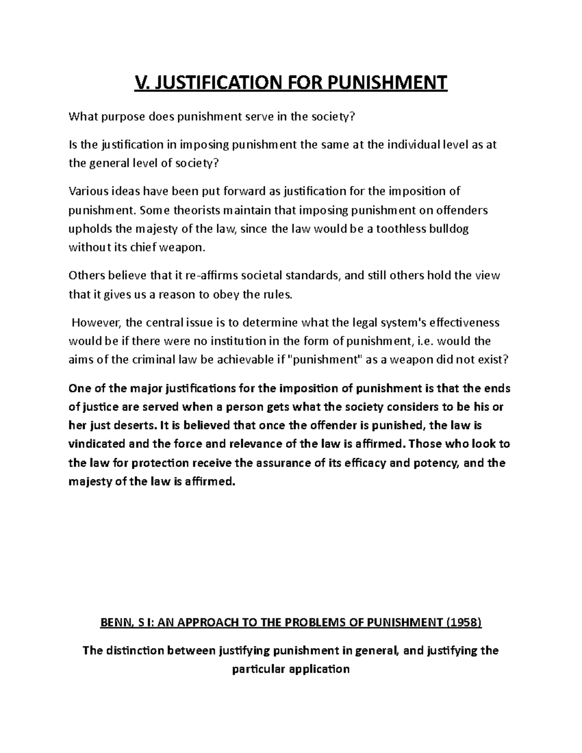 Justification OF Punishment Notes Principles Cases AND Authorities - V ...