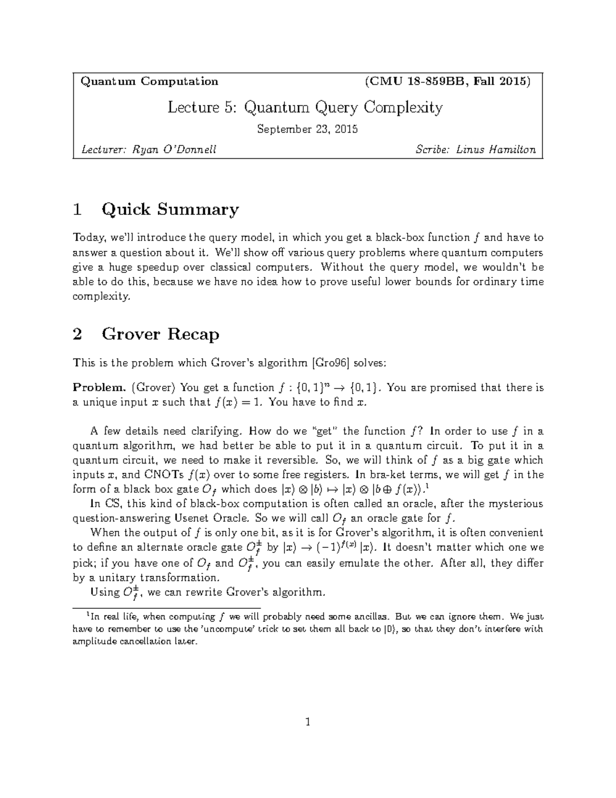 Lecture 05 Quantum Computation Cmu 18 859bb Fall 2015 Lecture 5 7512