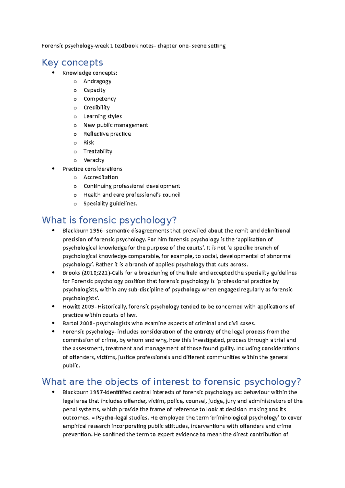 Introduction to Forensic psychology summary of assigned reading-week 1 ...