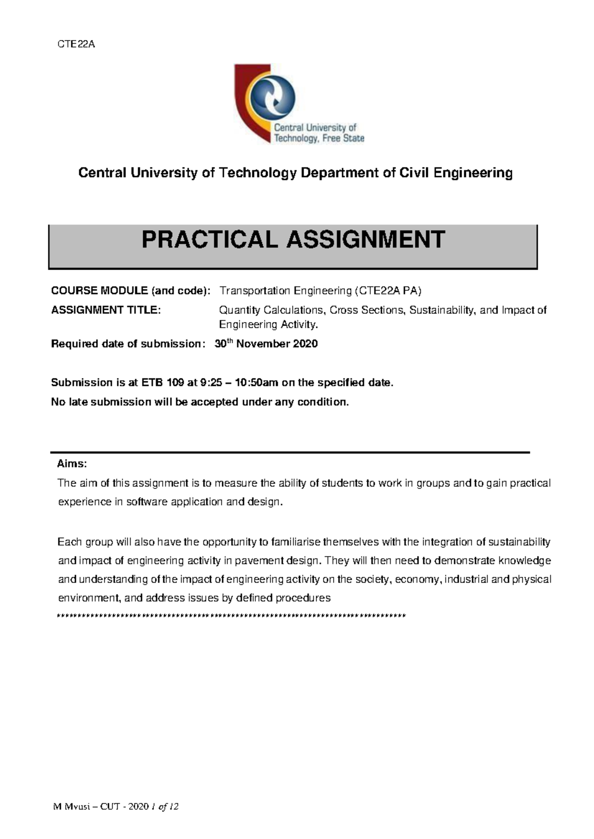 CTE22A Practical Assignment-2020 - Central University of Technology ...