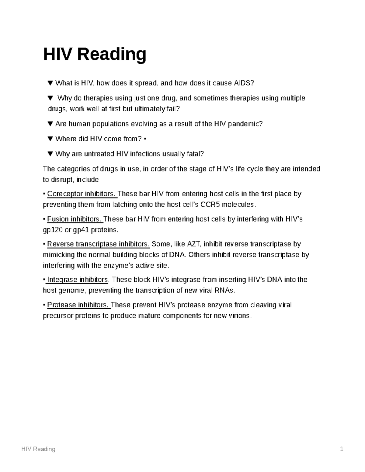 HIV Reading - Lecture notes 1 - HIV Reading 1 HIV Reading What is HIV ...