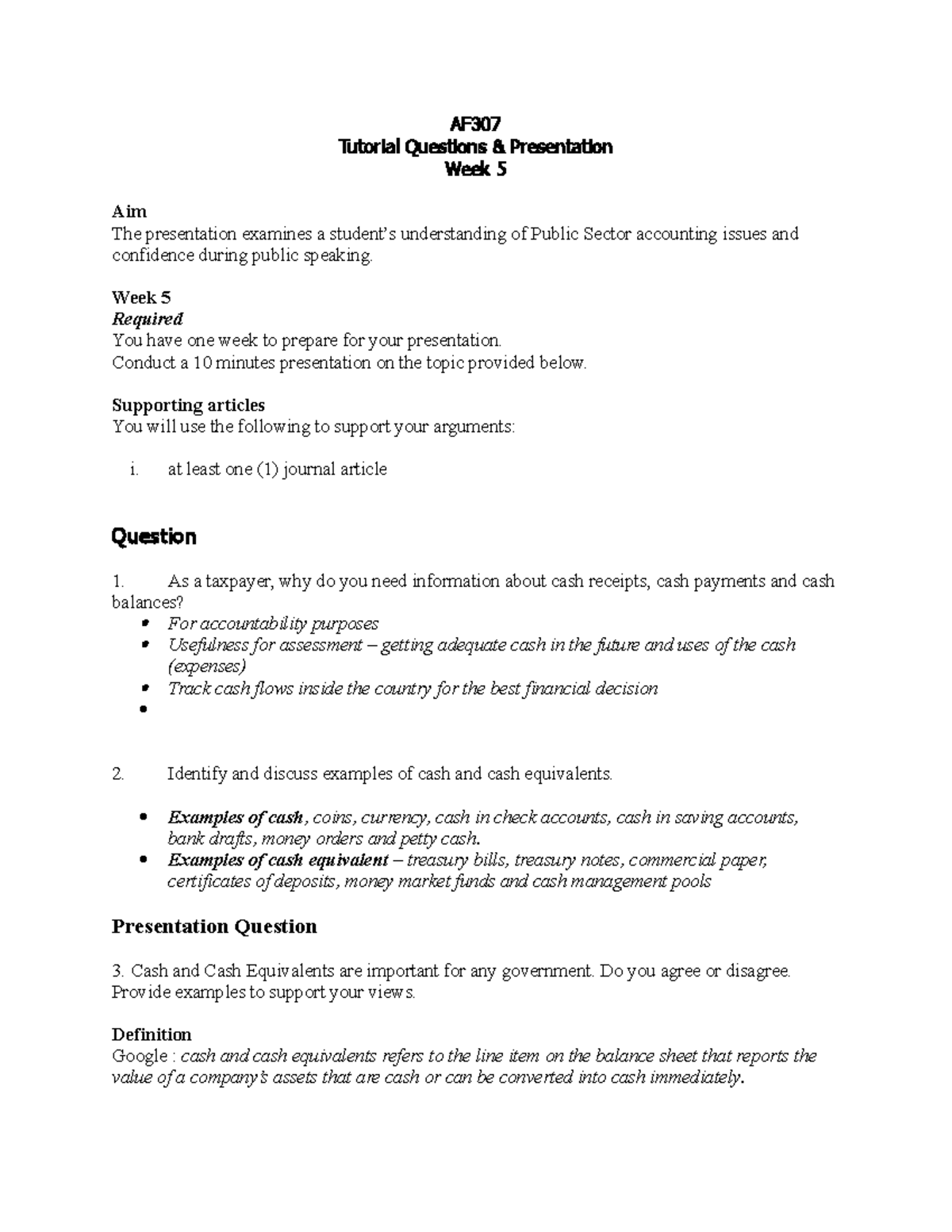 Week 5 - Student questions and solutions - AF 307 Tutorial Questions ...