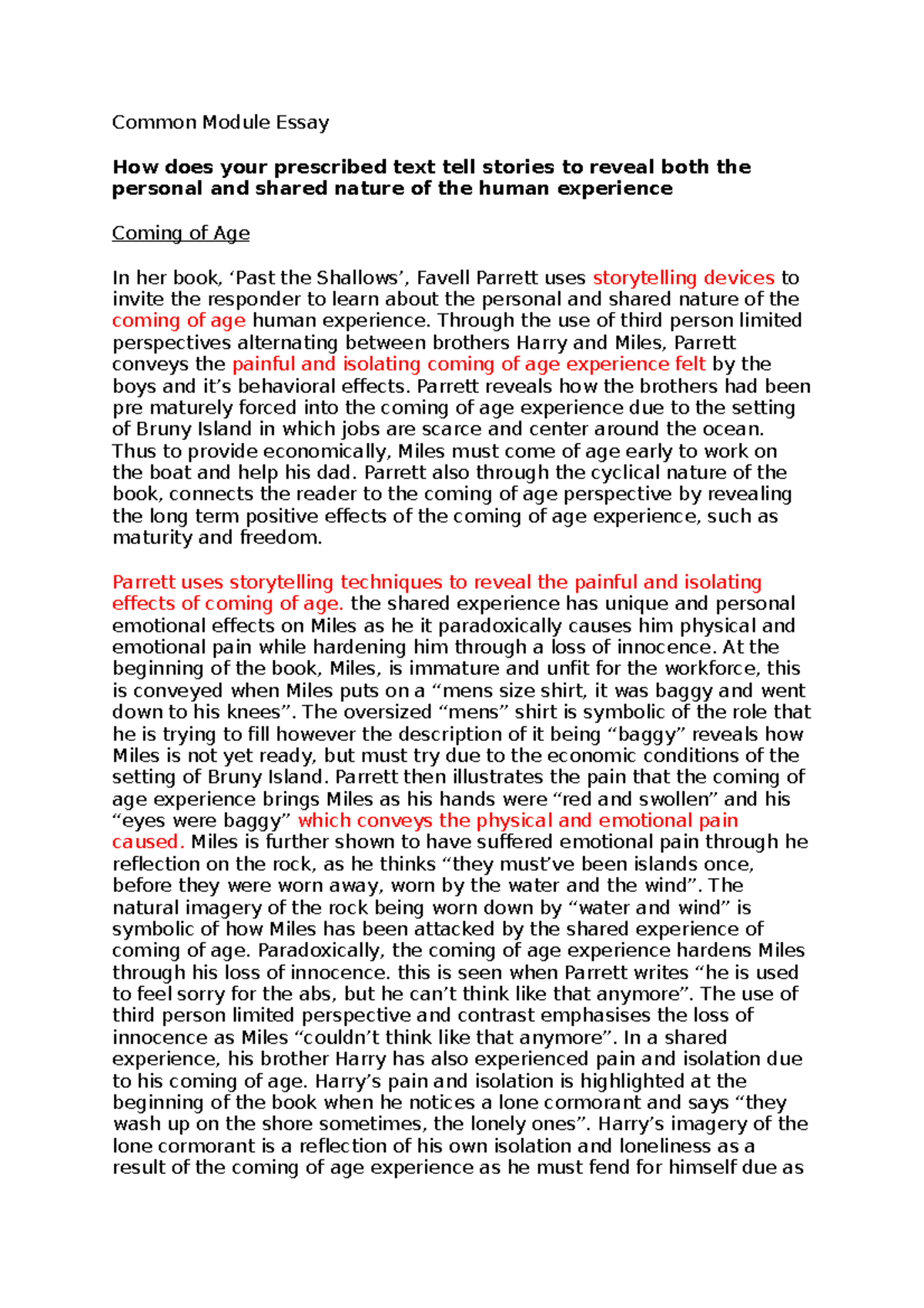 Past the Shallows essays - Common Module Essay How does your prescribed ...