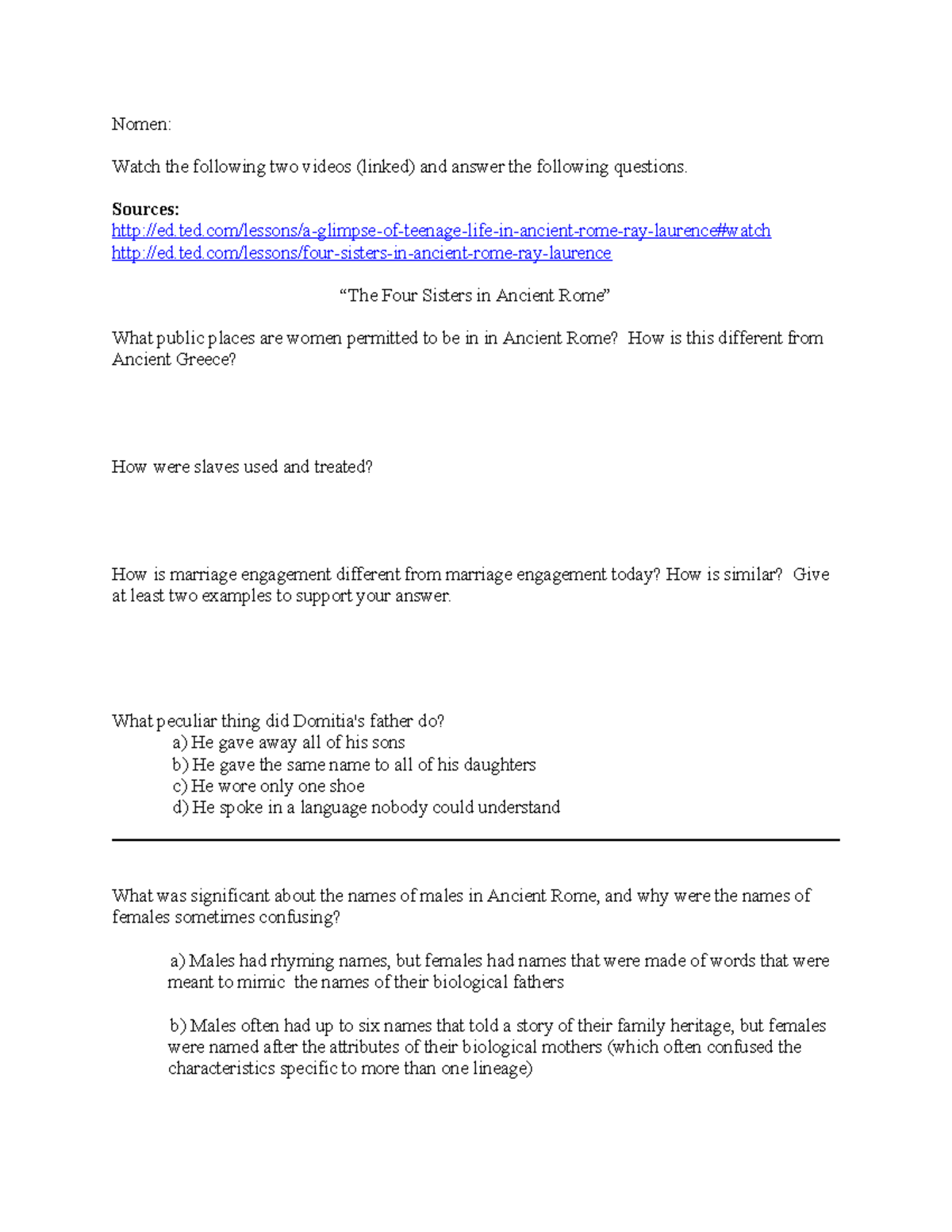 Teenage life and childhood in Ancient Rome - Nomen: Watch the following ...