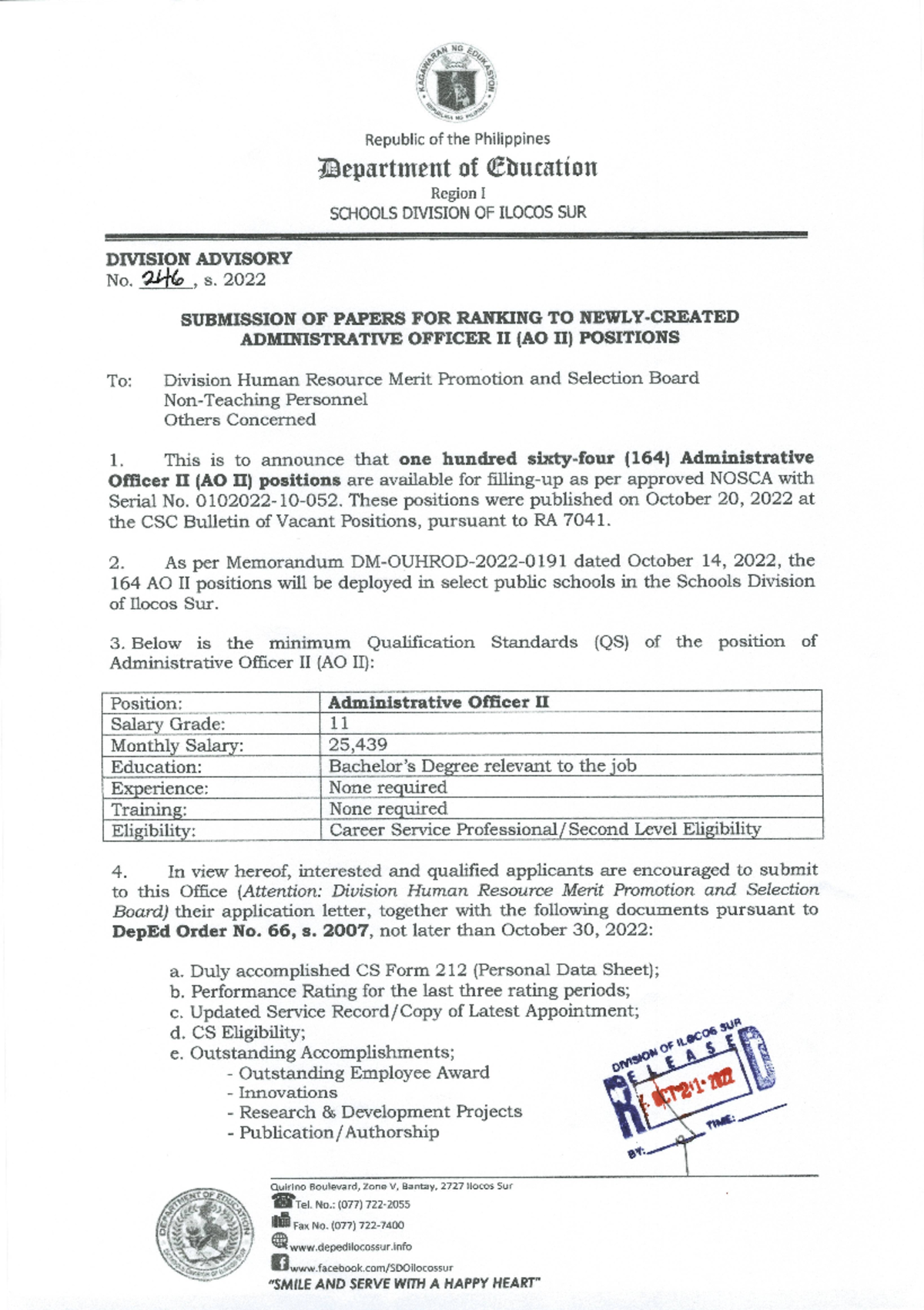 Advisory NO. 246, S. 2022- Submission OF Papers FOR Ranking TO Newly ...