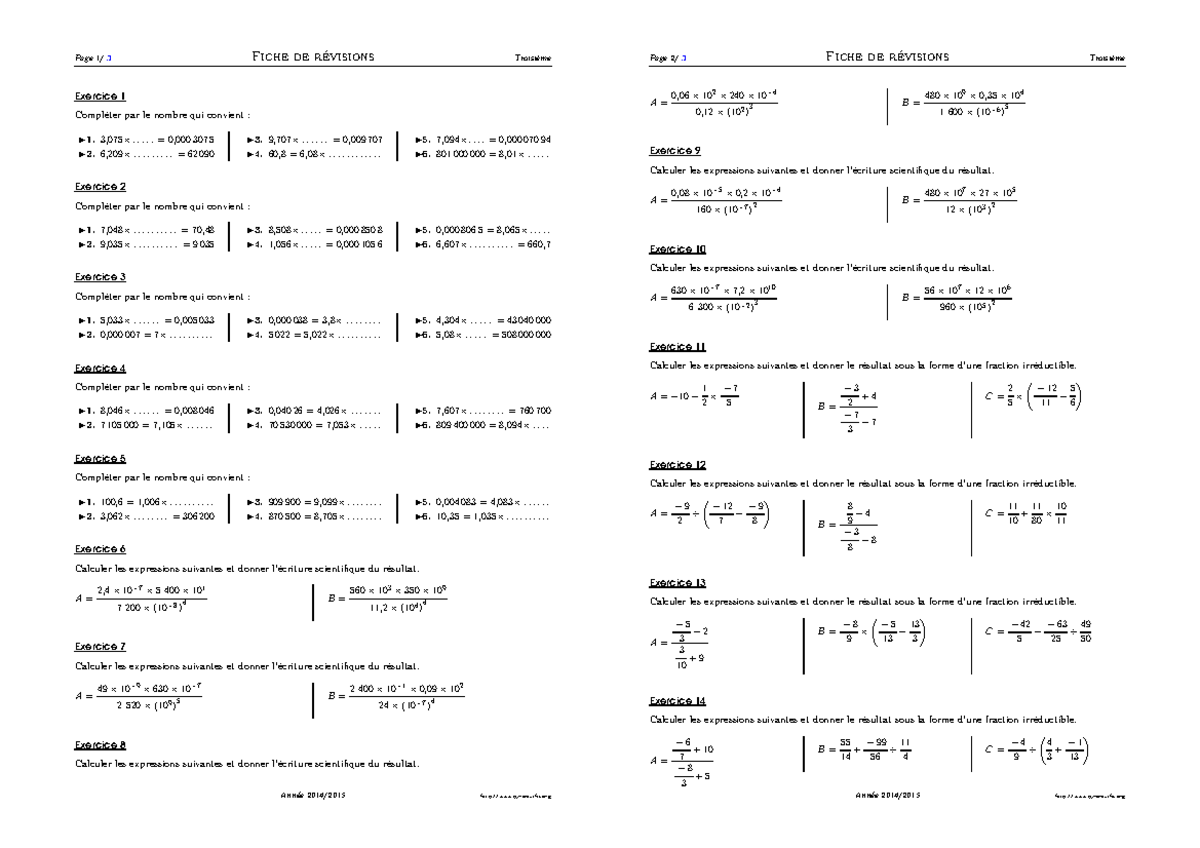 Exercices et corrigés sci+frac+puiss - Exercice 1 Compléter par le ...