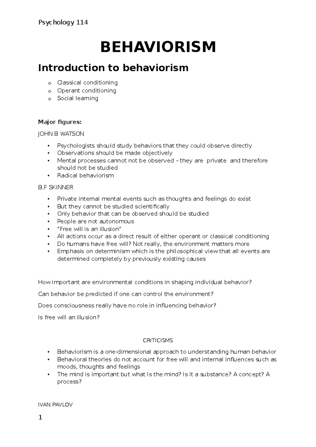 Behaviorism - Behaviourism notes for semester test. - BEHAVIORISM ...
