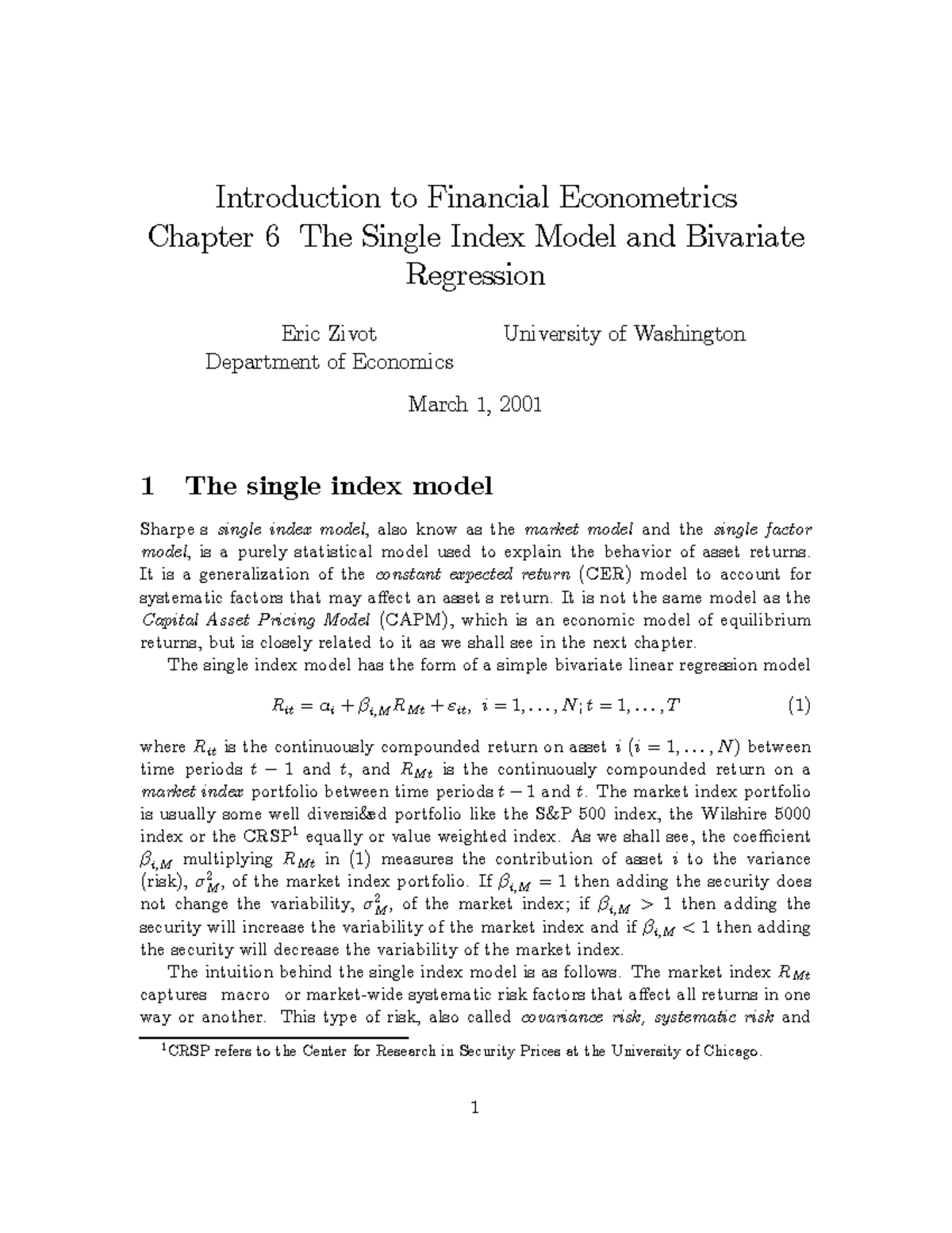 Zivot Ch6 The Index model - Introduction to Financial Econometrics Chapter 6 The Single Index ...