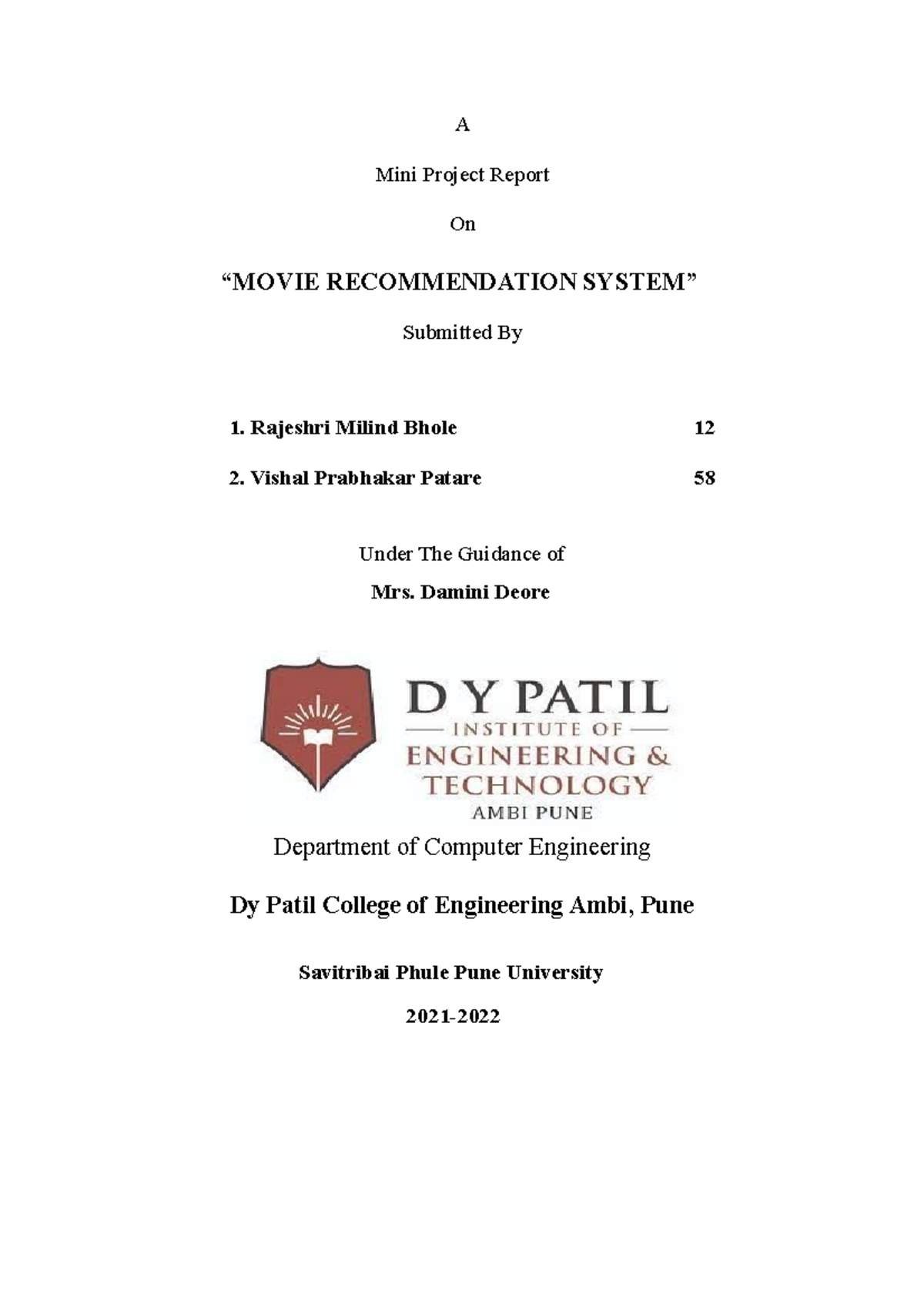 Mini Project Report - A Mini Project Report On “MOVIE RECOMMENDATION ...