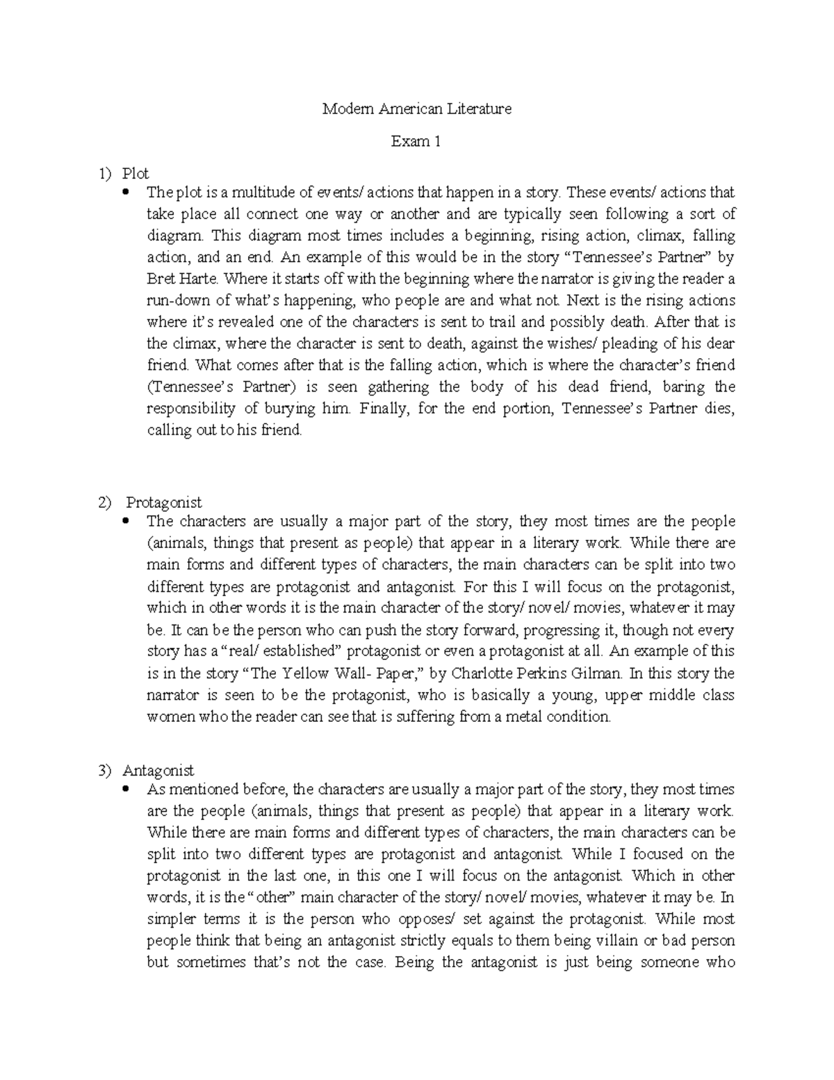 Anderson Exam 1 - Exam 1 - Modern American Literature Exam 1 Plot The ...