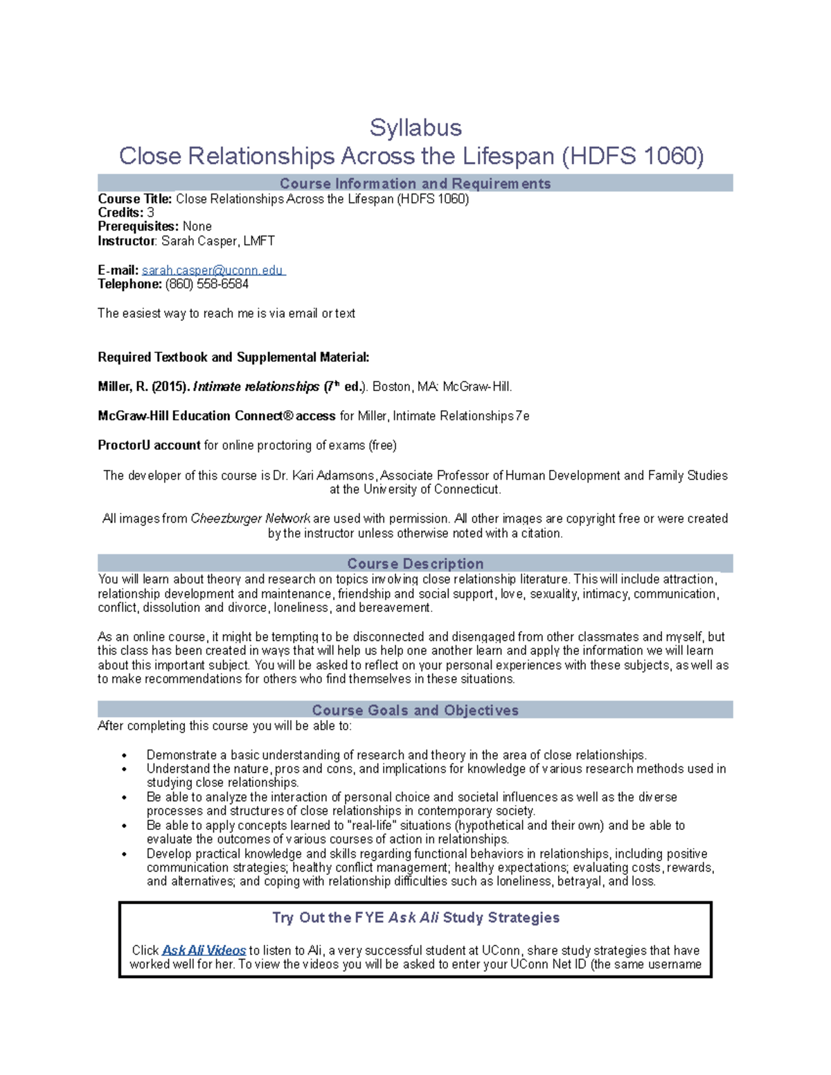 HDFS1060 - Human Development - Syllabus Close Relationships Across the ...