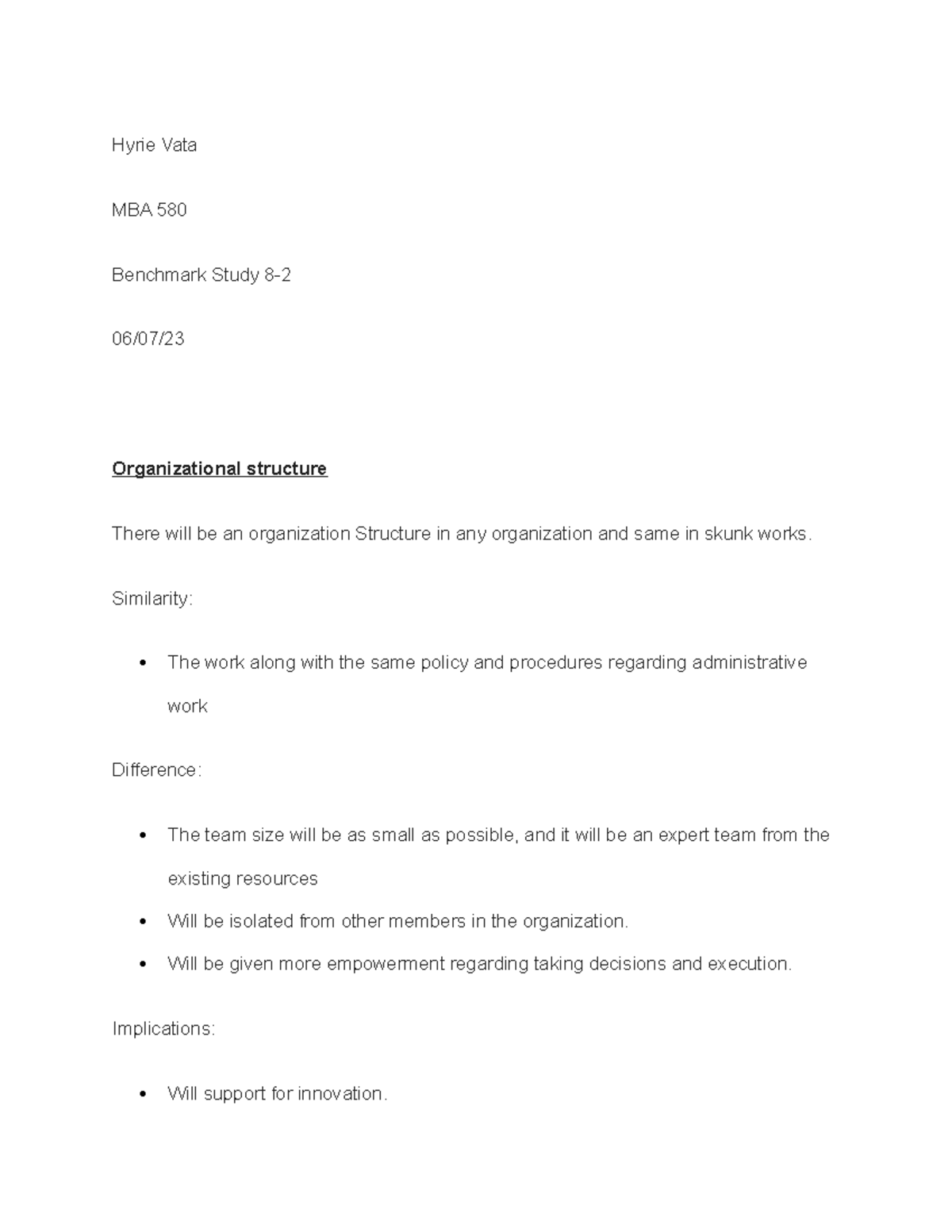 MBA 580 Benchmark 8-2 - Hyrie Vata MBA 580 Benchmark Study 8- 06/07 ...