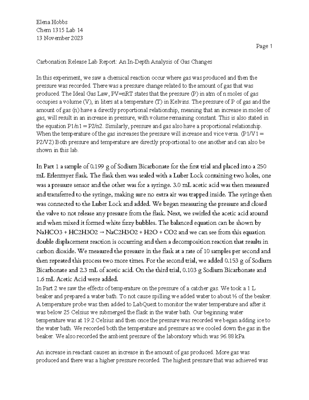 Lab Report 10 Peer Review (1) - Chem 1315 Lab 14 13 November 2023 Page ...