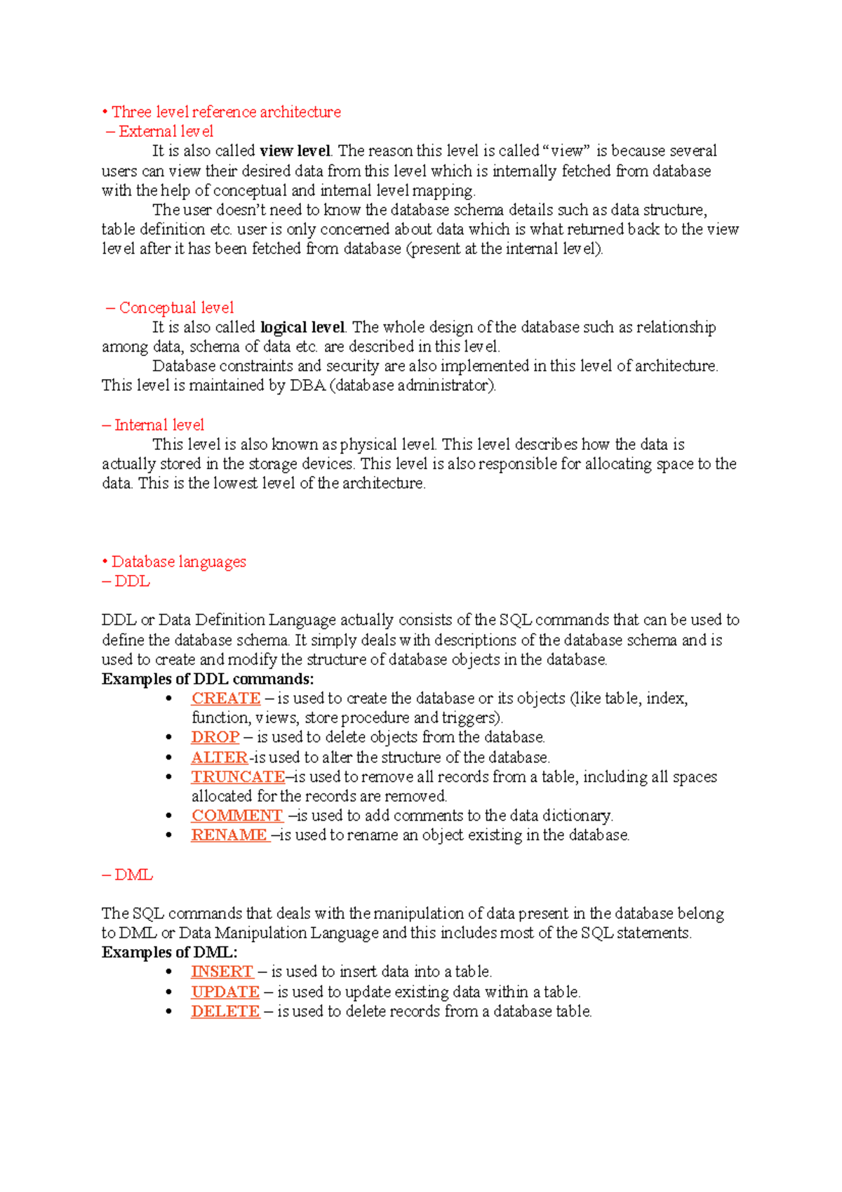 COMP2350 Notes - Three level reference architecture External level It ...