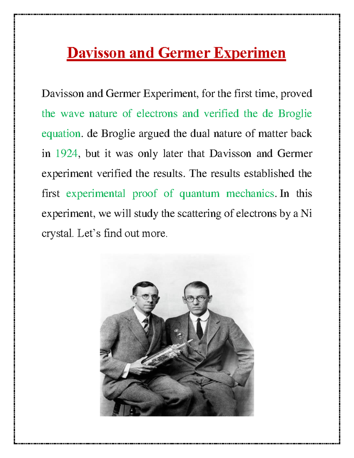 Davisson and Germer Experimen - Davisson and Germer Experimen Davisson ...