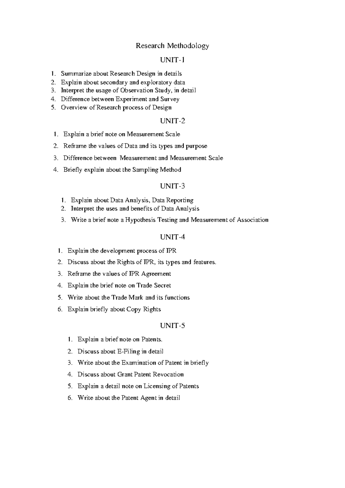 RM ONE PAGE Question - Study material - Research Methodology UNIT- 1 ...