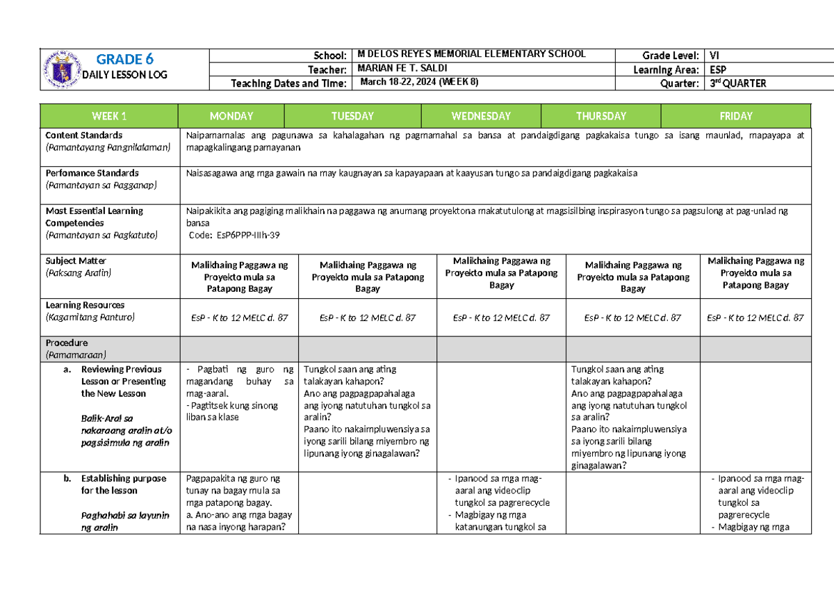 DLL ESP6 WEEK 8 - TEACHING GUIDE - GRADE 6 DAILY LESSON LOG School: M ...