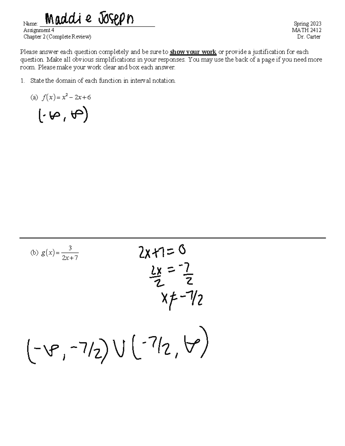 Assignment 4 - functions and inverse functions practice - Spring 202 3 ...