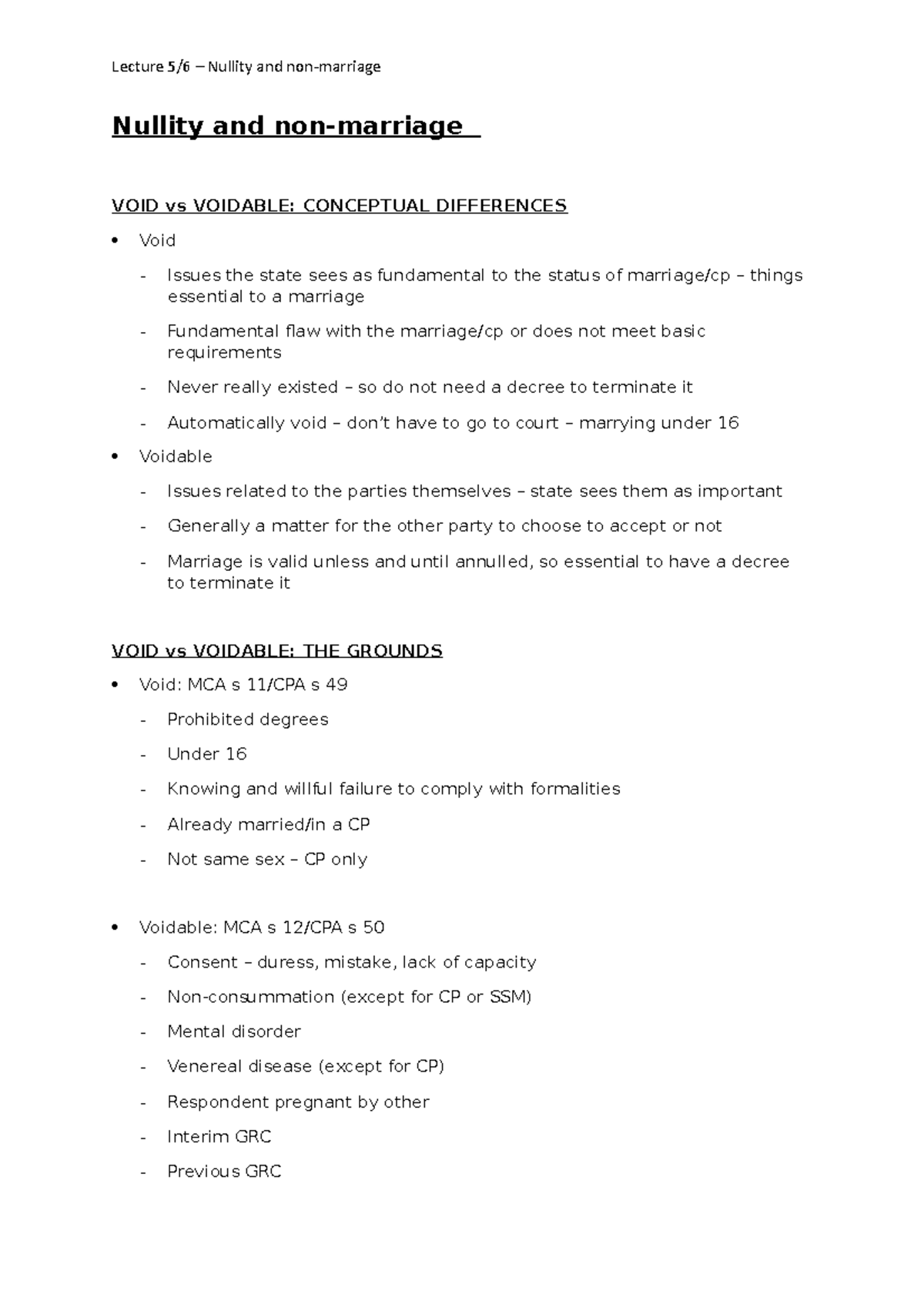 Lecture 3 Nullity And Non Marriage Nullity And Non Marriage Void Vs Voidable Conceptual