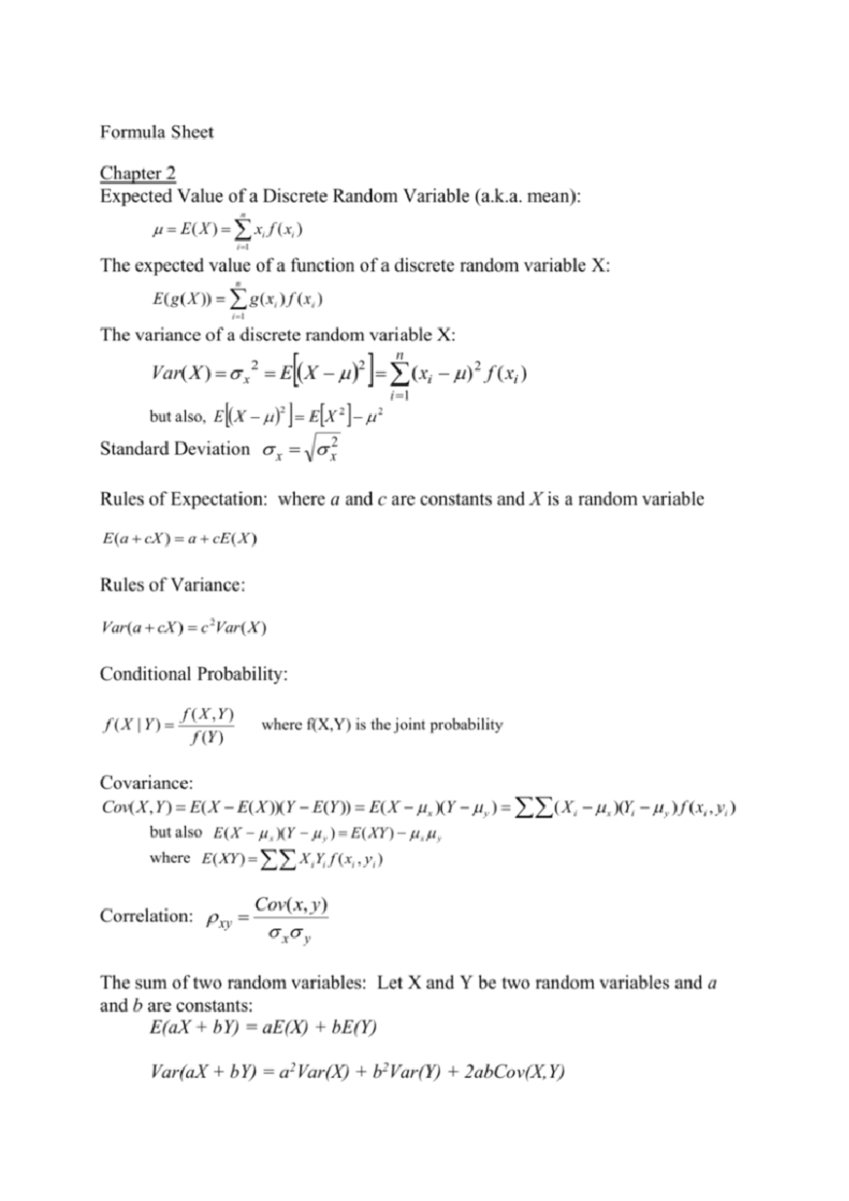 Fs5 - Cov Formula Sheet - Formula Sheet Chapter 2 Expected Value of a Discrete Random Variable ...