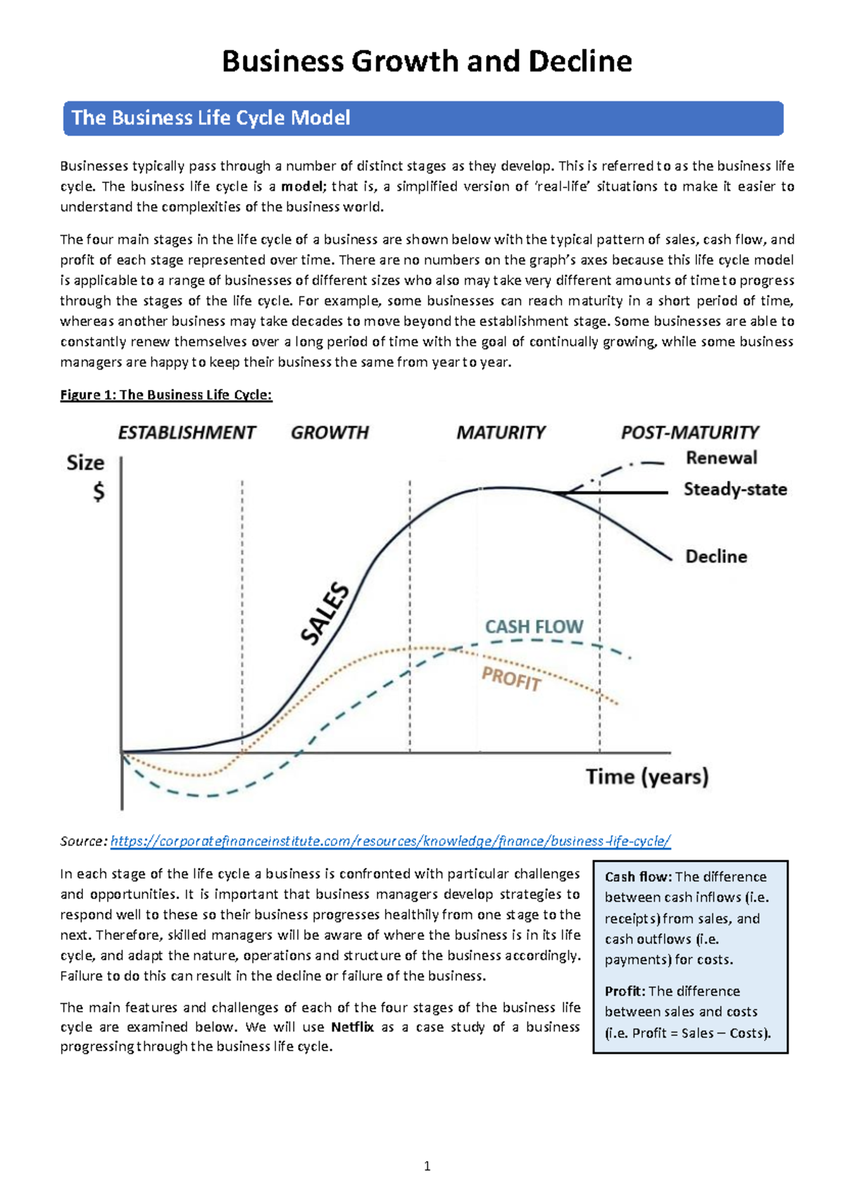 The Business Life Cycle handout and case study - Business Growth and ...