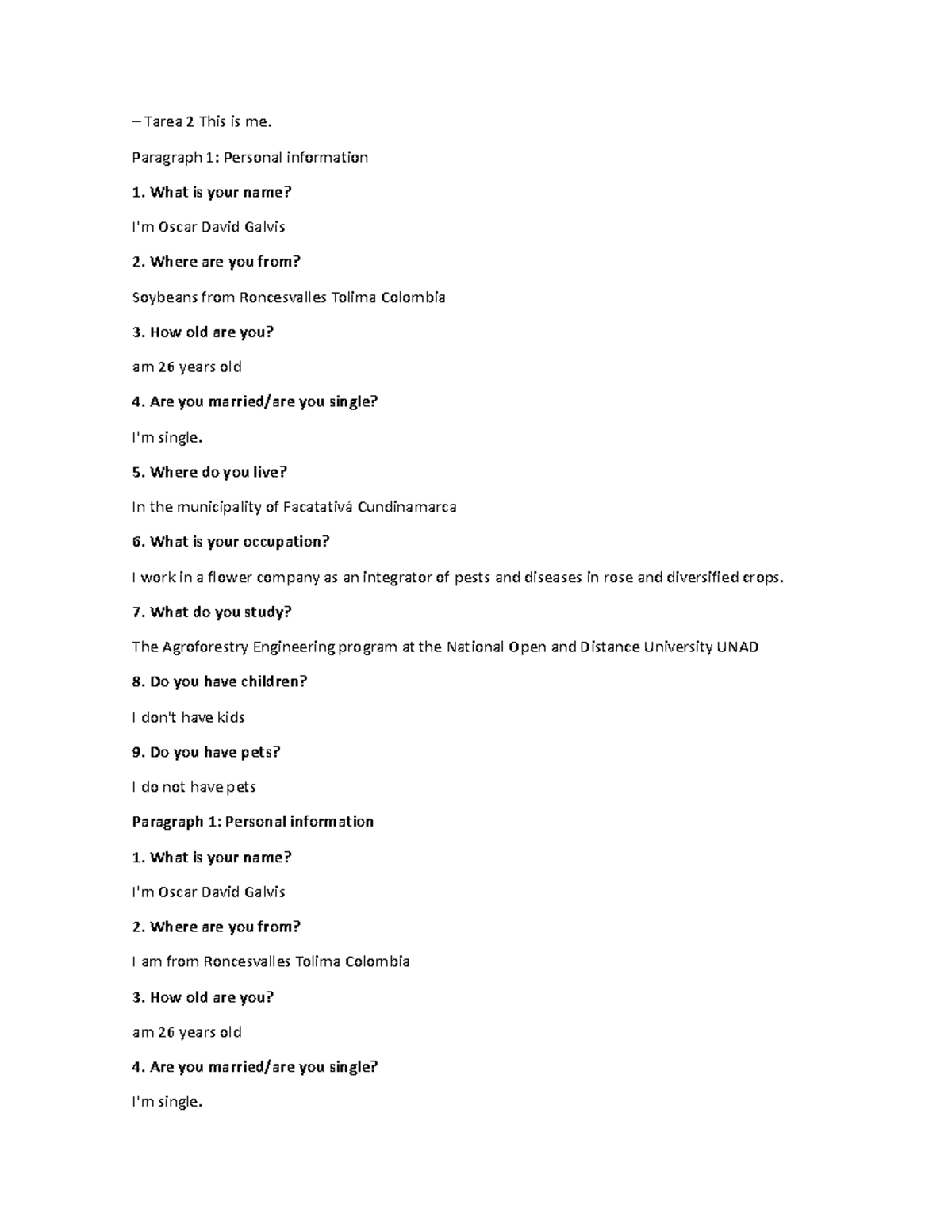 Tarea 2 This is me - Ingles - Tarea 2 This is me. Paragraph 1: Personal ...