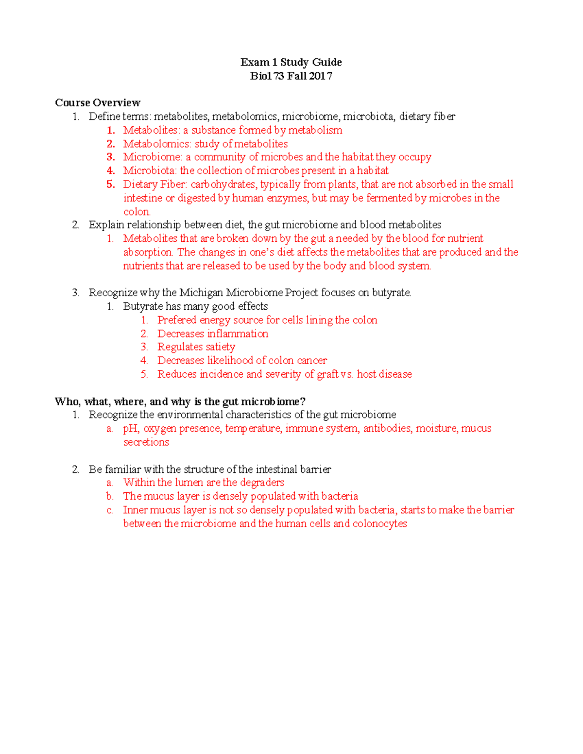 Exam 1 Study Guide - Exam 1 Study Guide Bio173 Fall 2017 Course ...