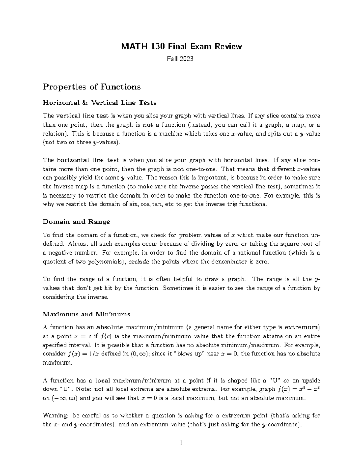 Final Exam Study Guide - MATH 130 Final Exam Review Fall 2023 ...