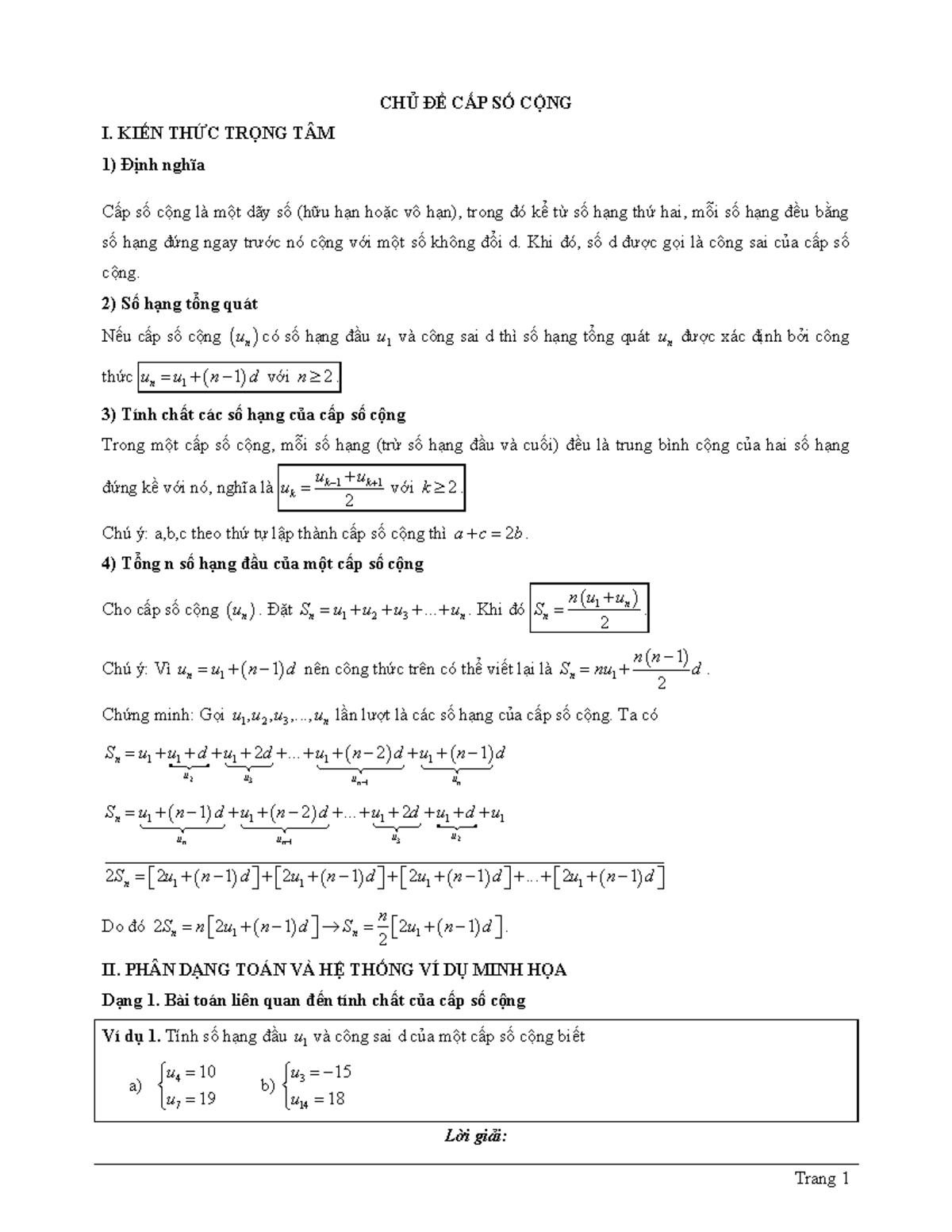 Tai lieu chu de cap so cong - CHỦ ĐỀ CẤP SỐ CỘNG I. KIẾN THỨC TRỌNG TÂM ...