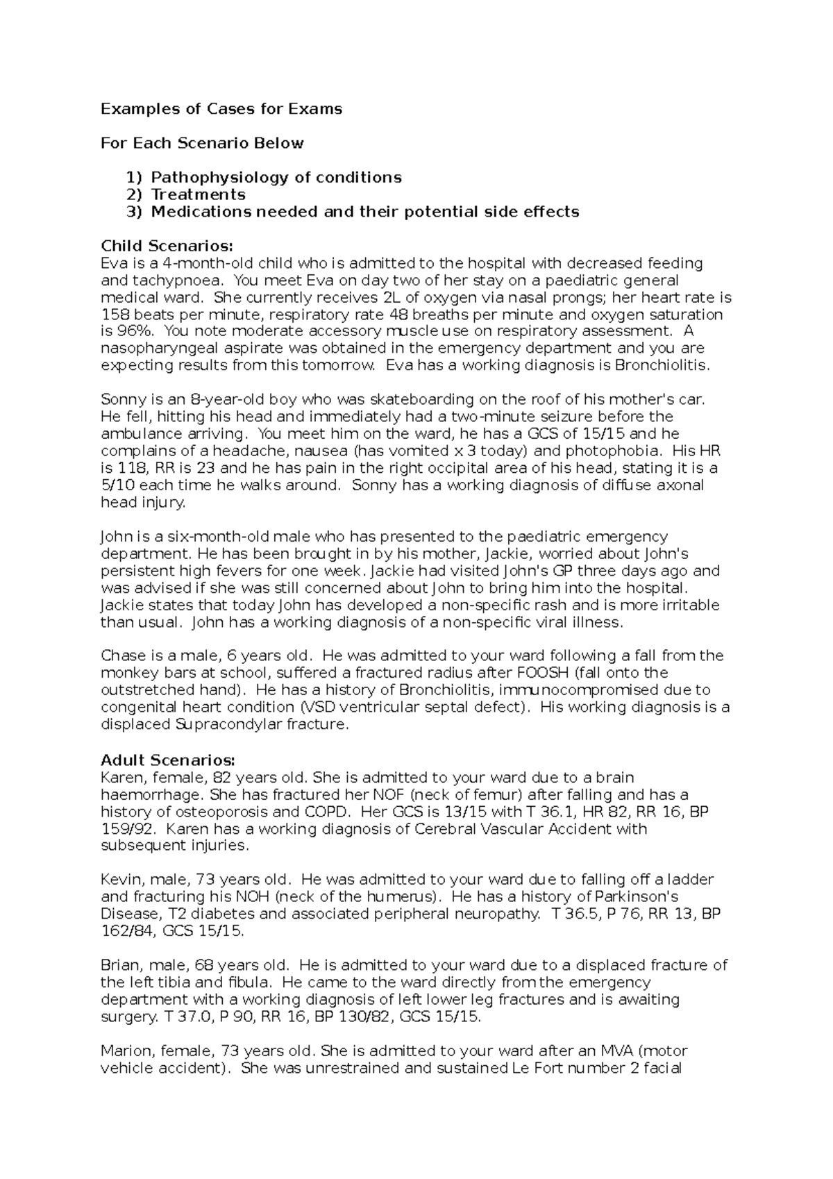 Example Nursing Exam Scenarios - Integrated Nursing Science - AUT - Studocu