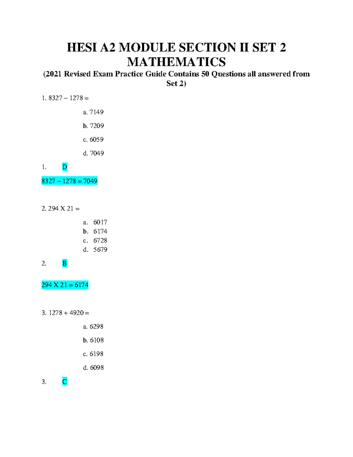 HESI A2 Module Section II Mathematics SET 2 2021 Revised Exam Practice