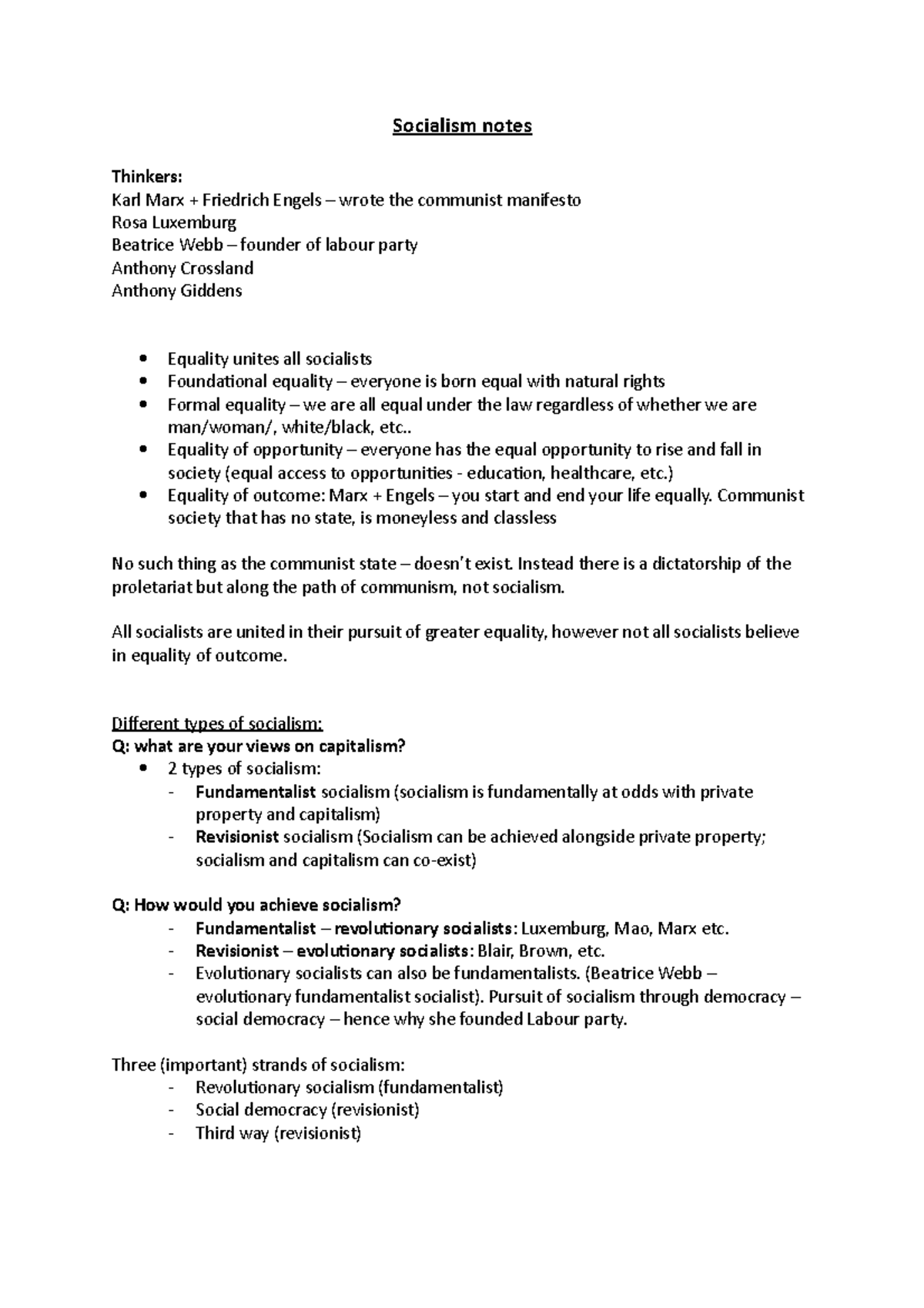 Socialism notes - Socialism notes Thinkers: Karl Marx + Friedrich ...