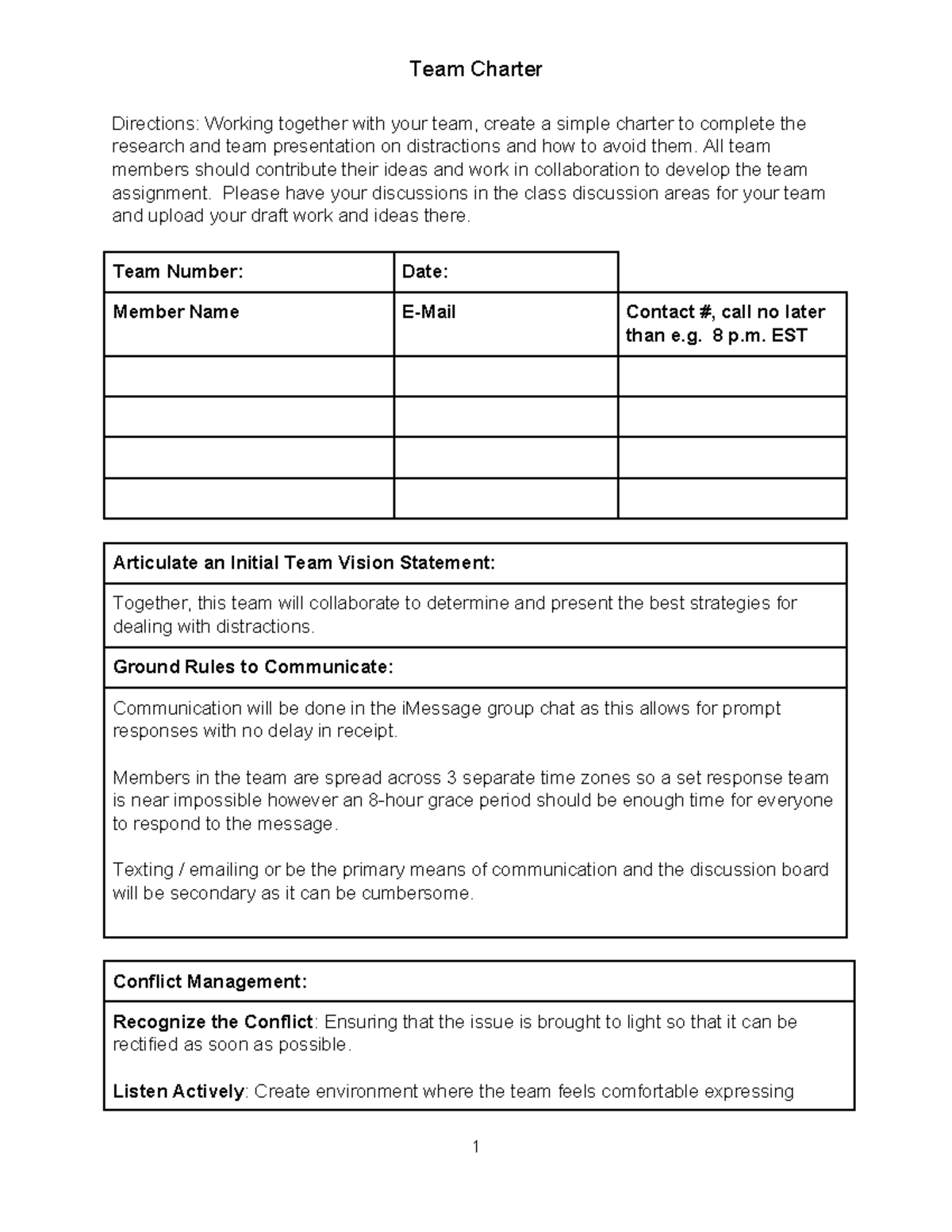 Unit 6 Team Charter - Team Charter Directions: Working together with ...