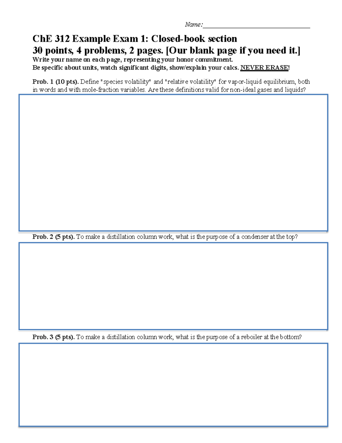 ChE 312 Exam1Example - ChE 312 Example Exam 1 : Closed-book section 30 ...