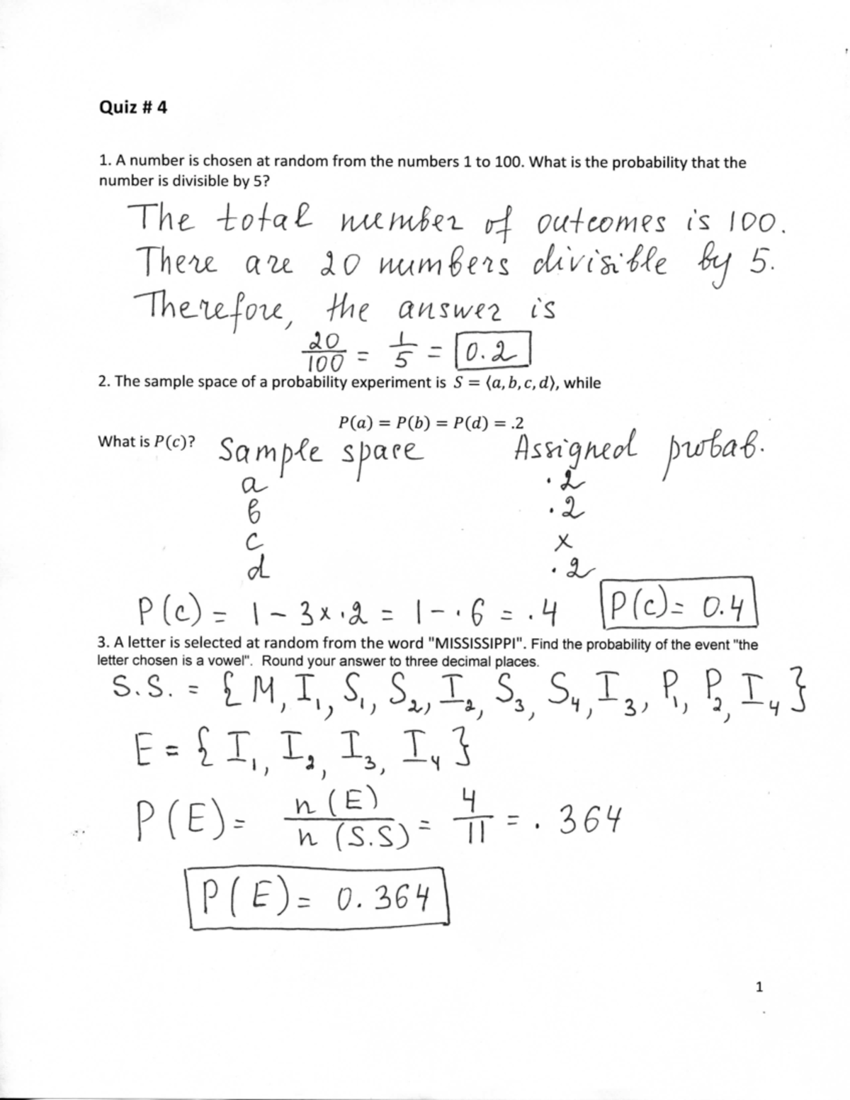stats 1000q Quiz4 - Quiz # 4 A num ber i s chosen a t random from the num bers 1 t o 100. What i ...