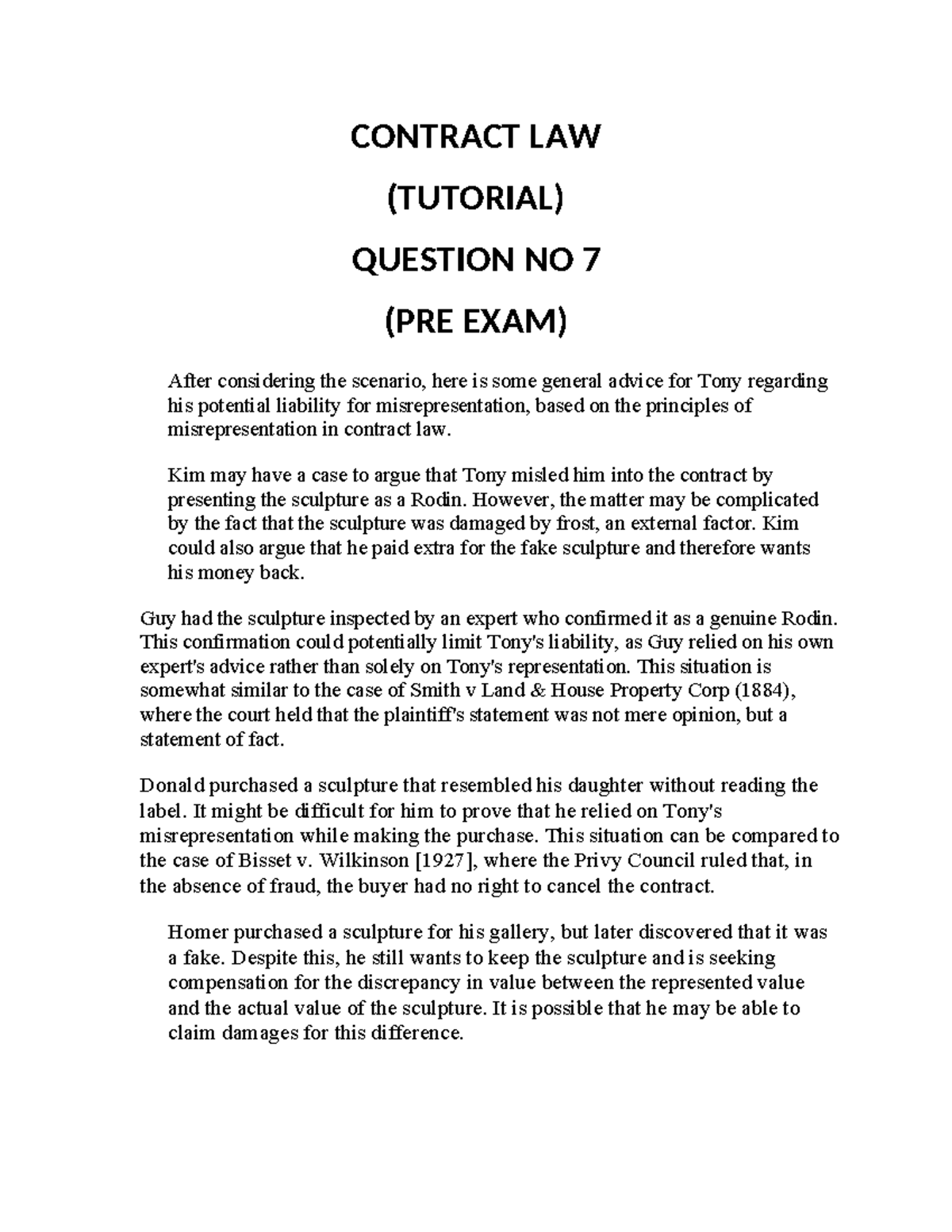 Contract LAW - practice - CONTRACT LAW (TUTORIAL) QUESTION NO 7 (PRE ...