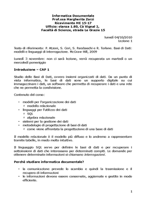 Appunti Informatica Documentale - INFORMATICA DOCUMENTALE SC Propedeuticità: bisogna aver fatto ...